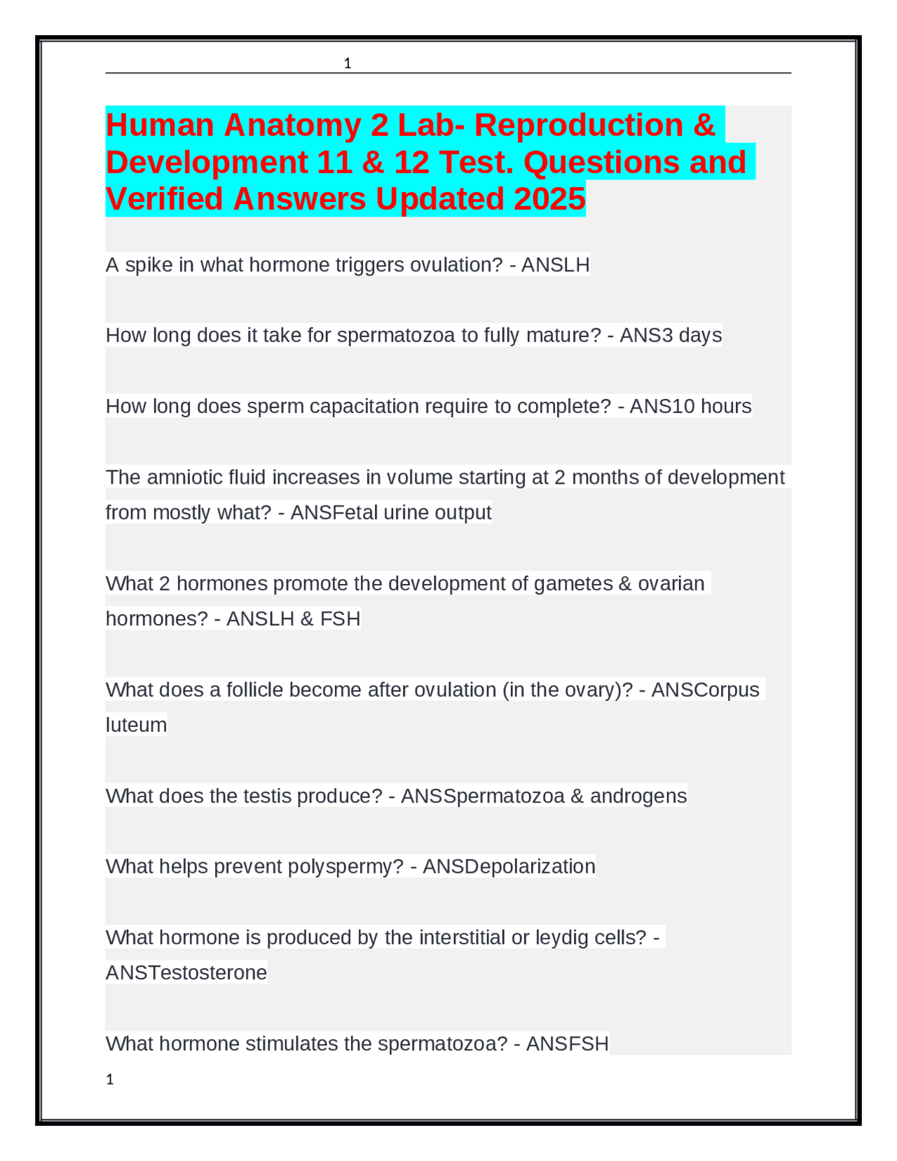 Human Anatomy 2 Lab- Reproduction & Development 11 & 12 Test. Questions ...
