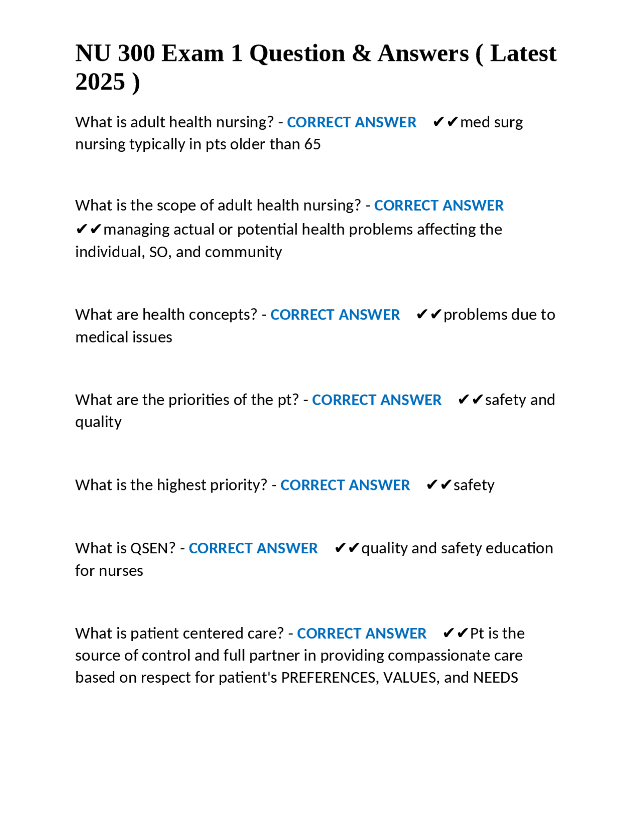 NU 300 Exam 1 Question & Answers ( Latest 2025 ) | Exams Nursing | Docsity