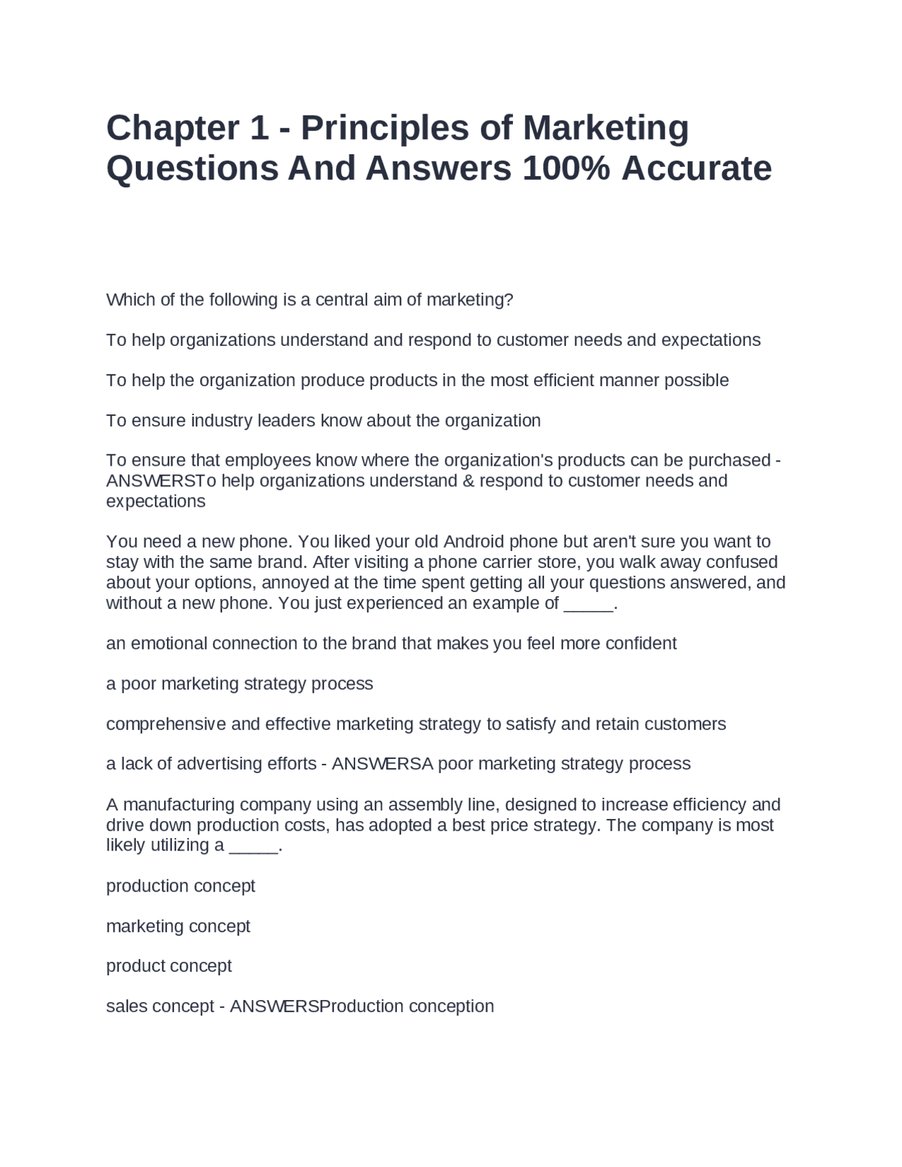 Chapter 1 - Principles of Marketing Questions And Answers 100% Accurate ...
