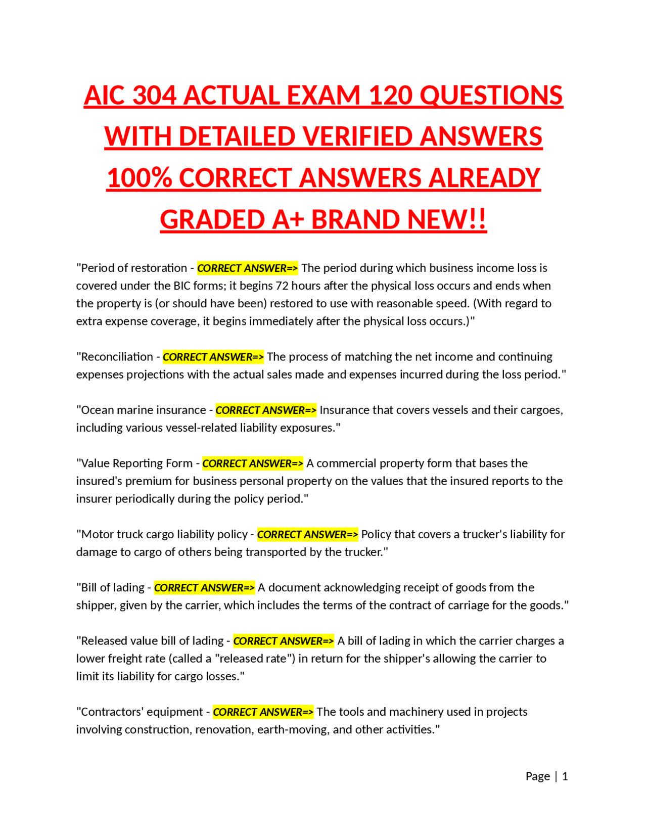 AIC 304 ACTUAL EXAM 120 QUESTIONS WITH DETAILED VERIFIED ANSWERS 100% ...