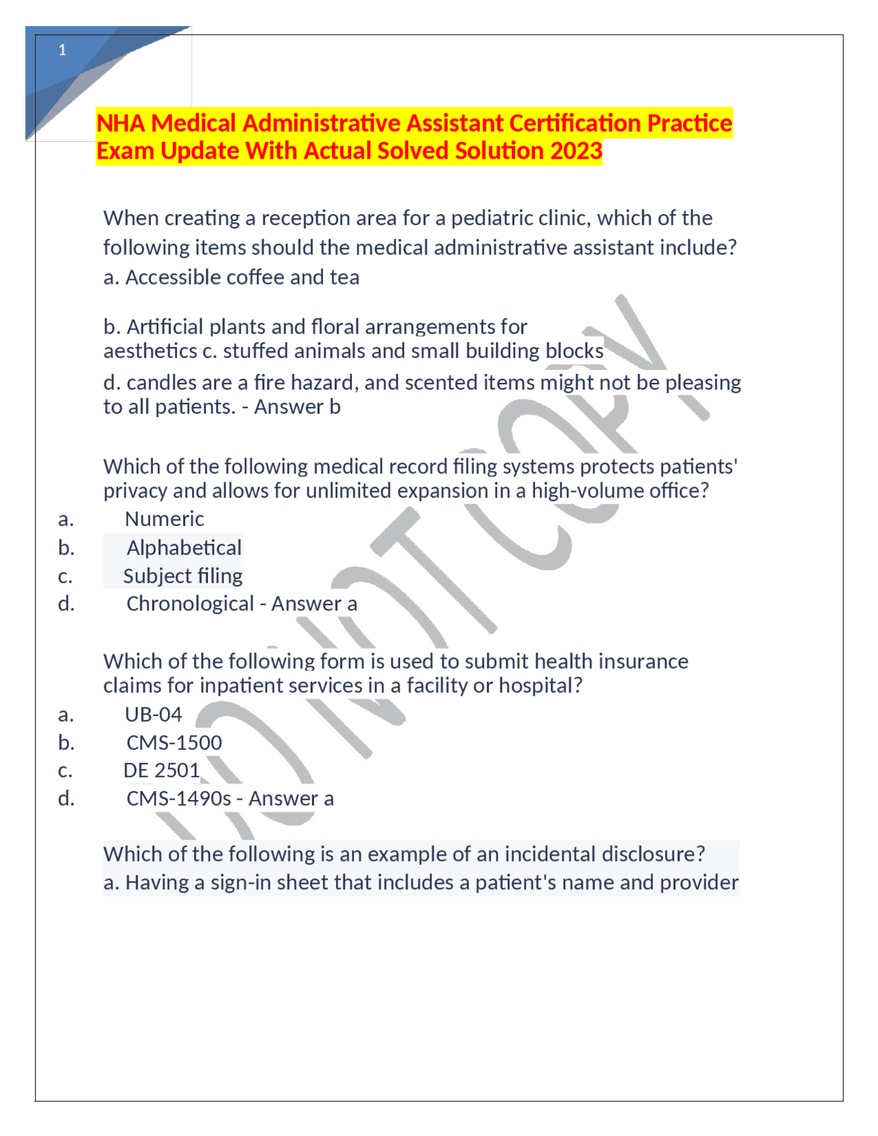 NHA Medical Administrative Assistant Certification Practice Exam ...