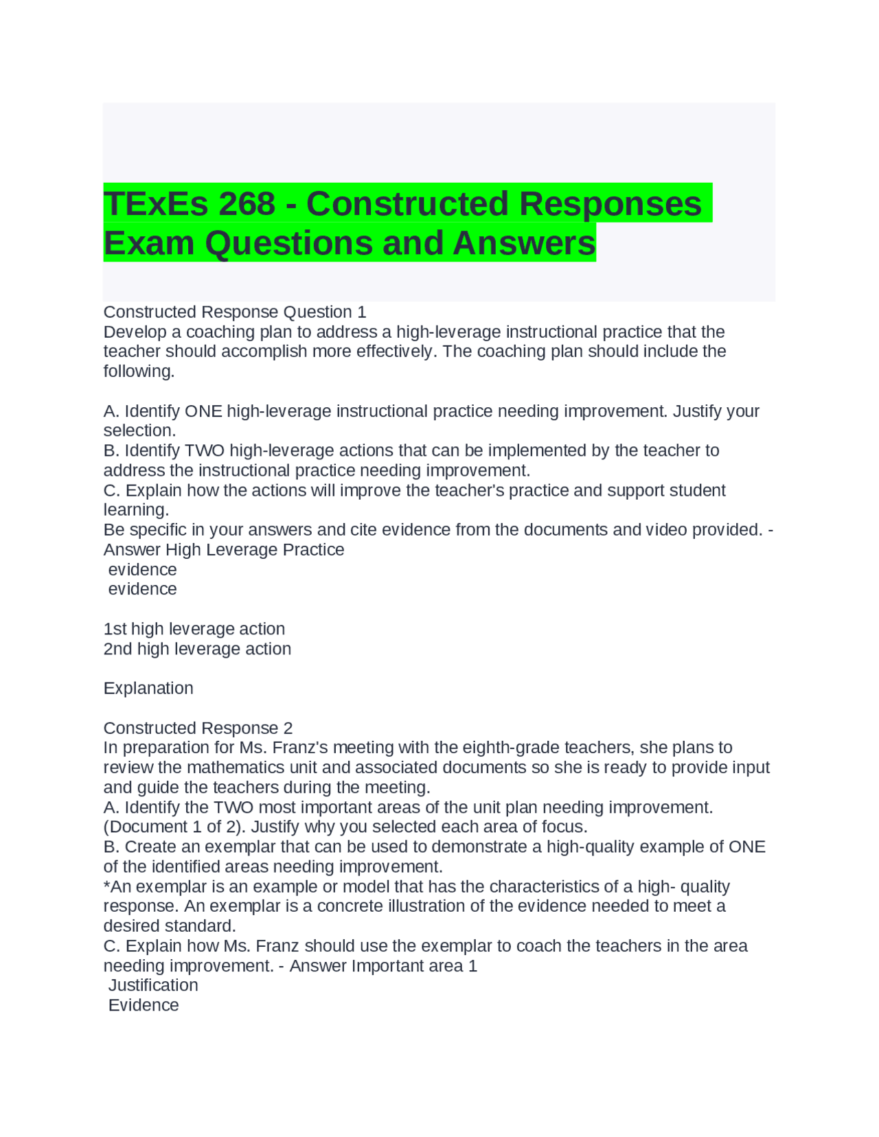 TExEs 268 - Constructed Responses Exam Questions and Answers with ...