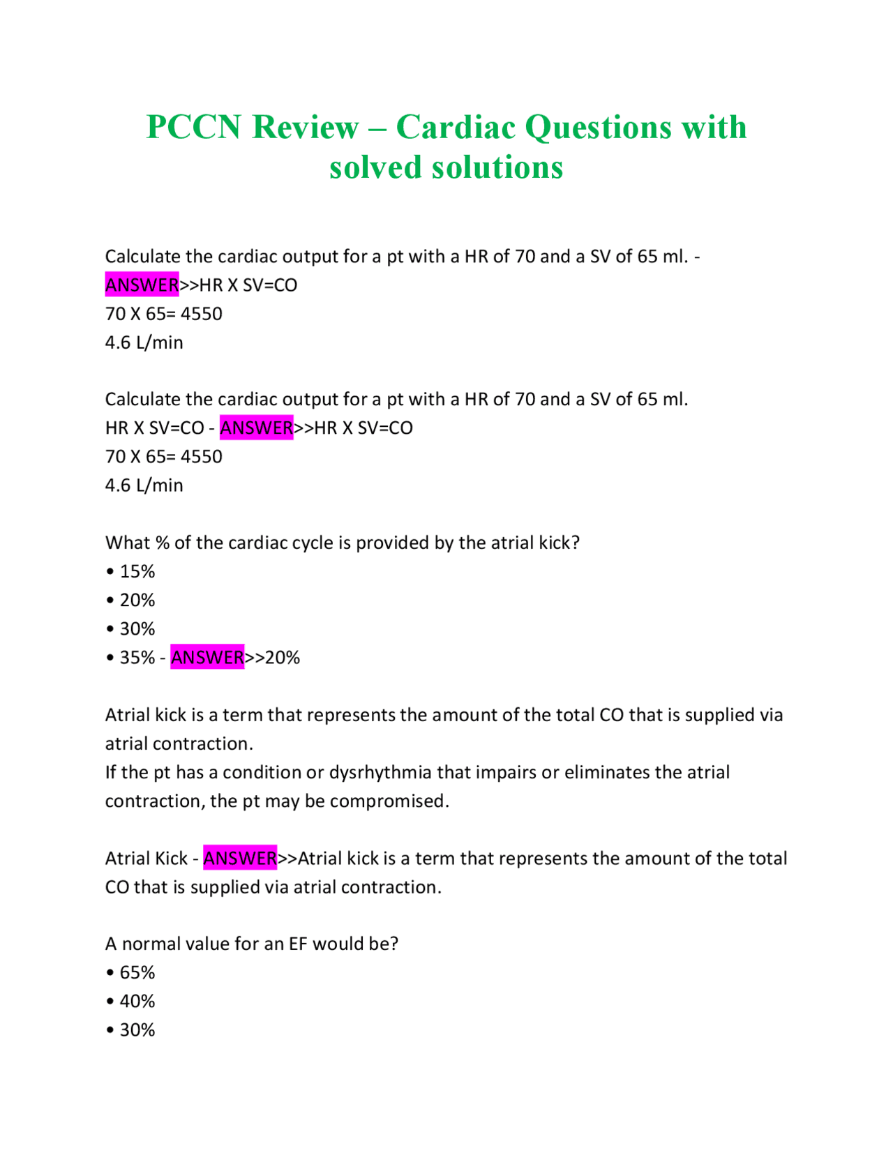 PCCN Review – Cardiac Questions with solved solutions | Exams Nursing ...