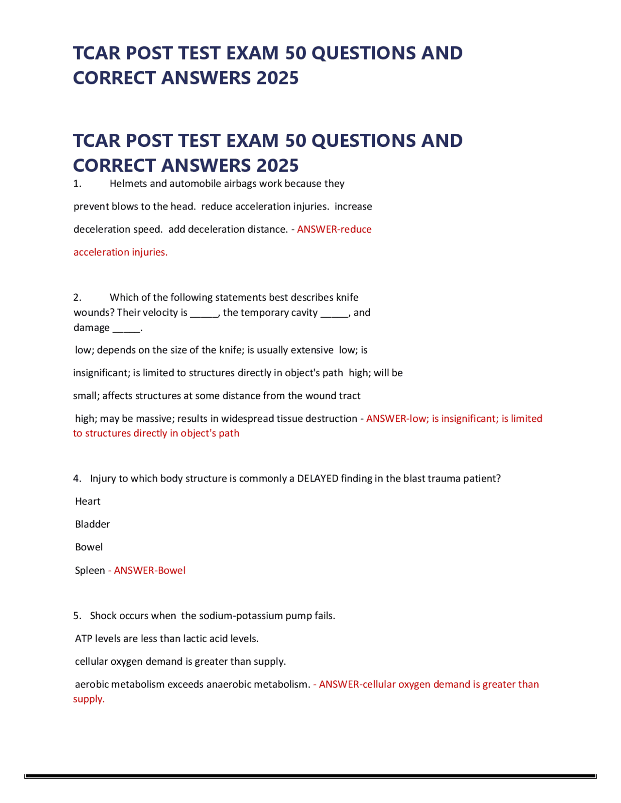 TCAR POST TEST EXAM 50 QUESTIONS AND CORRECT ANSWERS 2025 | Exams ...