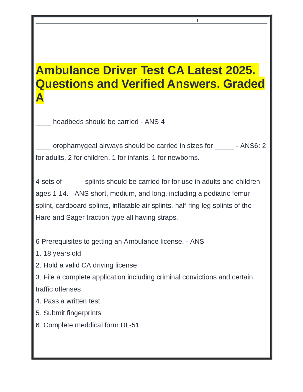 Ambulance Driver Test CA Latest 2025. Questions and Verified Answers ...