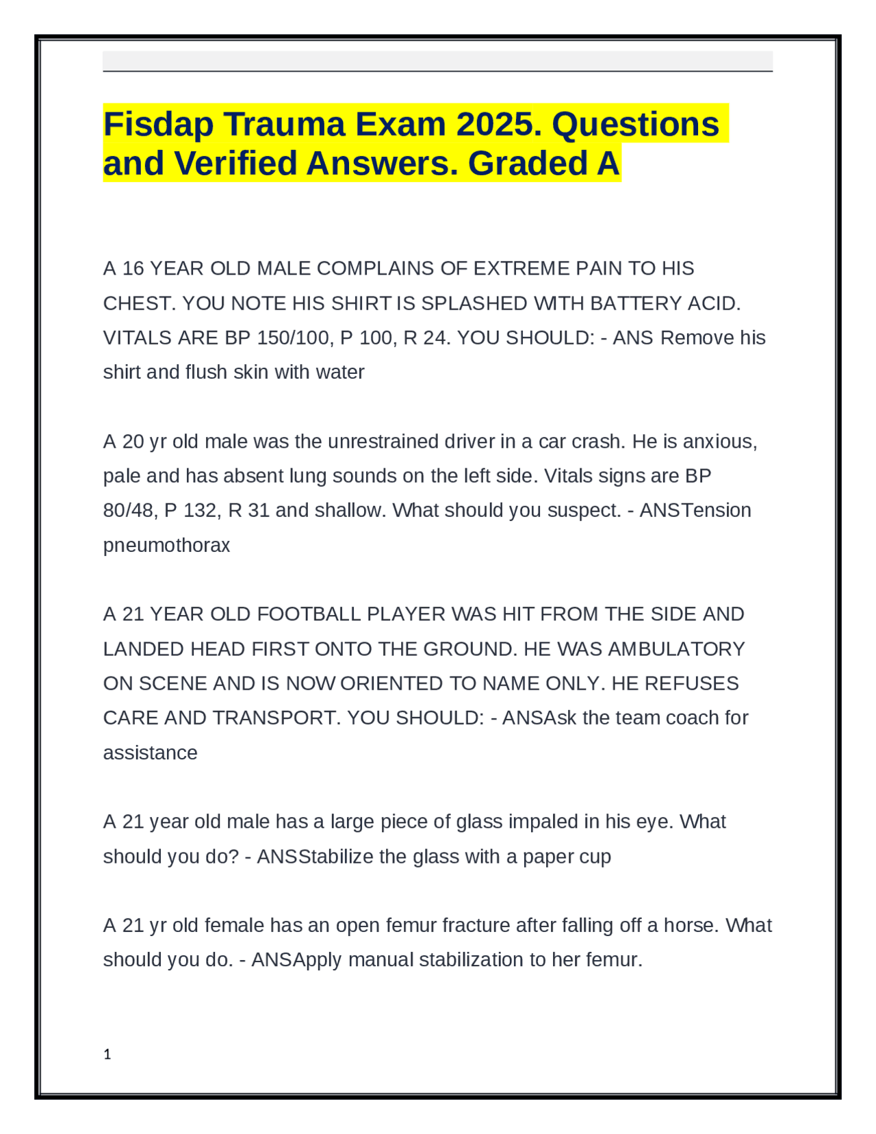 Fisdap Trauma Exam 2025. Questions and Verified Answers. Graded A | Exams Health sciences | Docsity