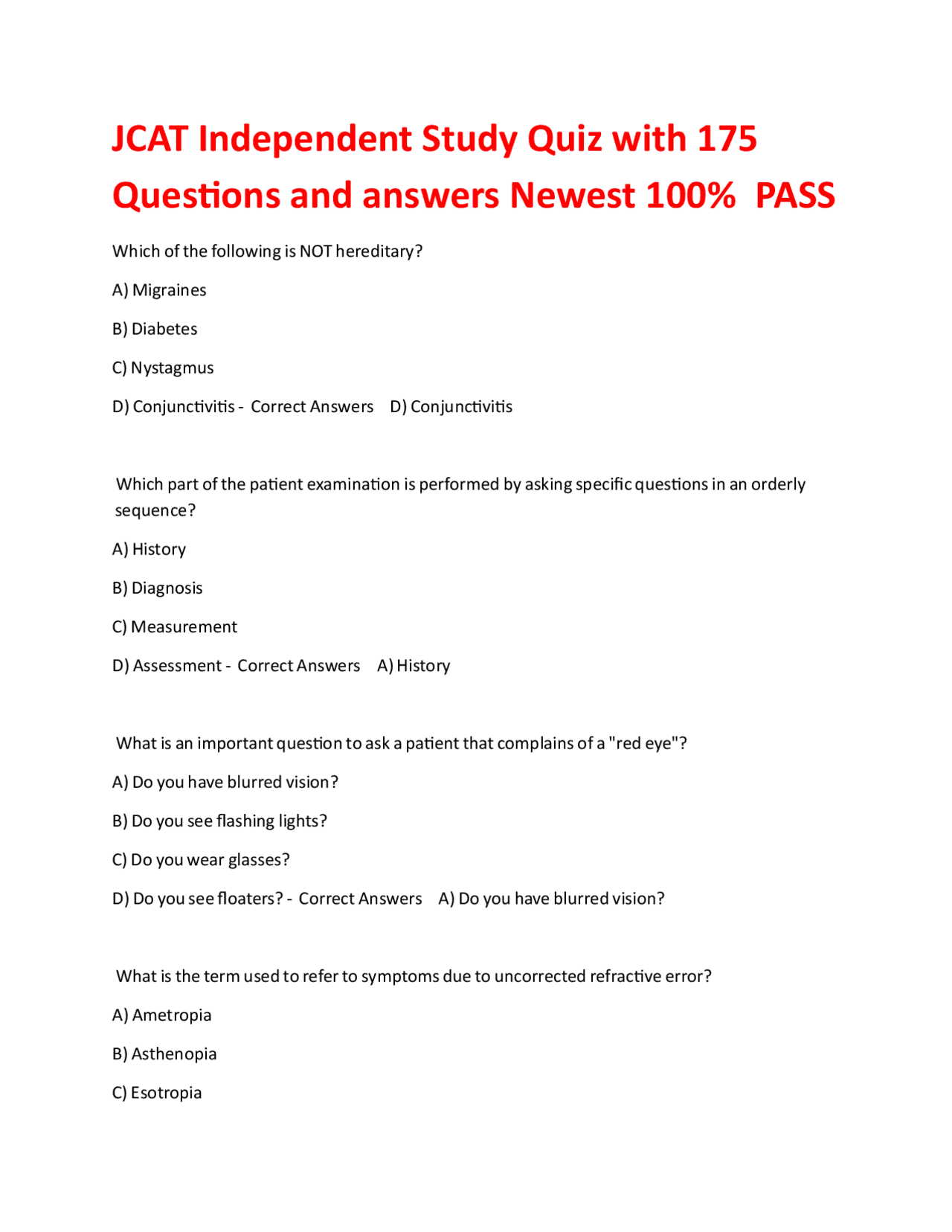 JCAT Independent Study Quiz: Ophthalmology | Exams Nursing | Docsity