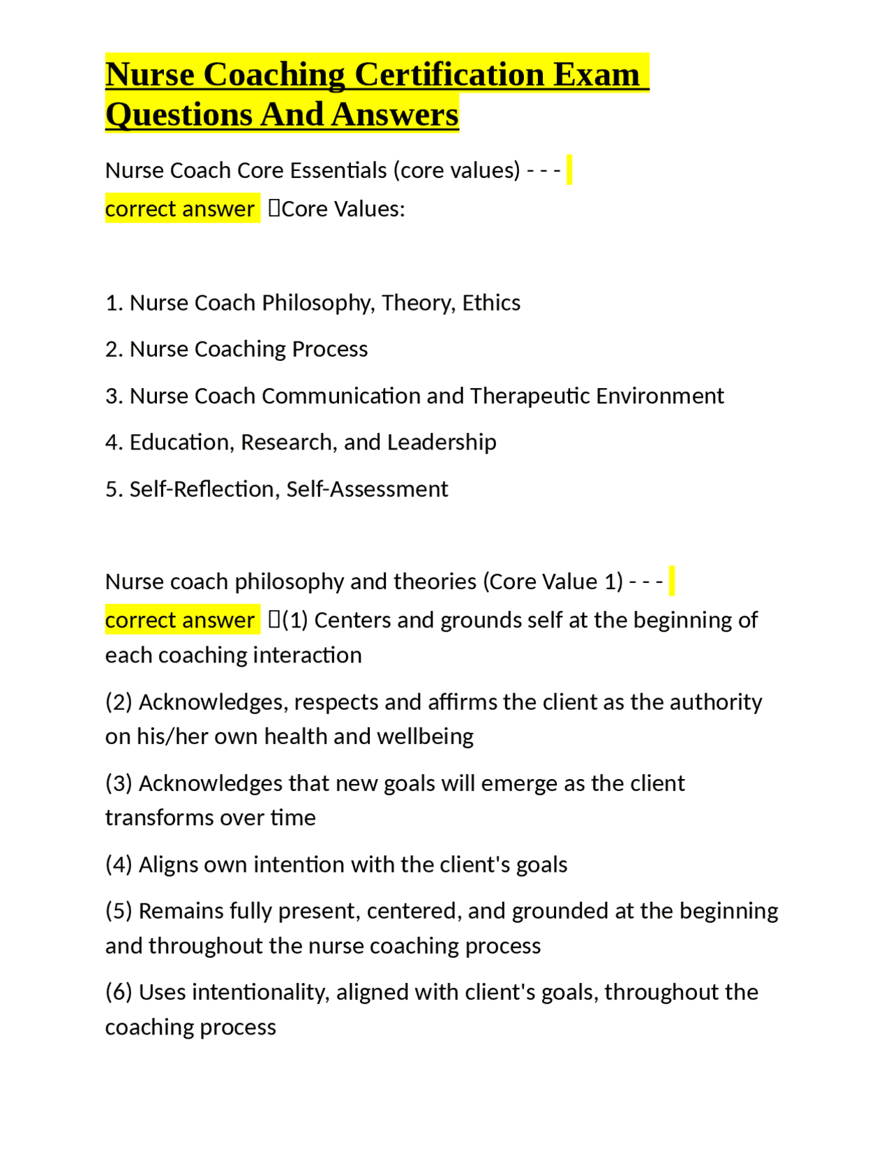 Nurse Coaching Certification Exam Questions and Answers: Core Values ...