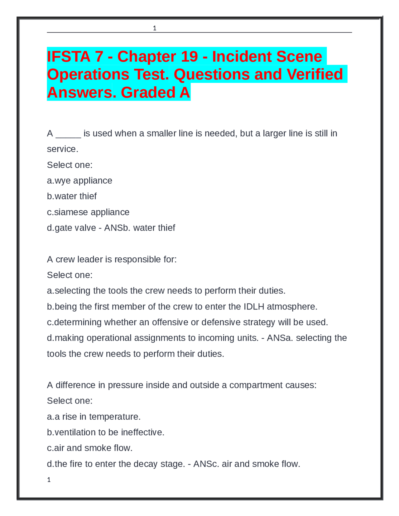 IFSTA 7 - Chapter 19 - Incident Scene Operations Test. Questions and ...