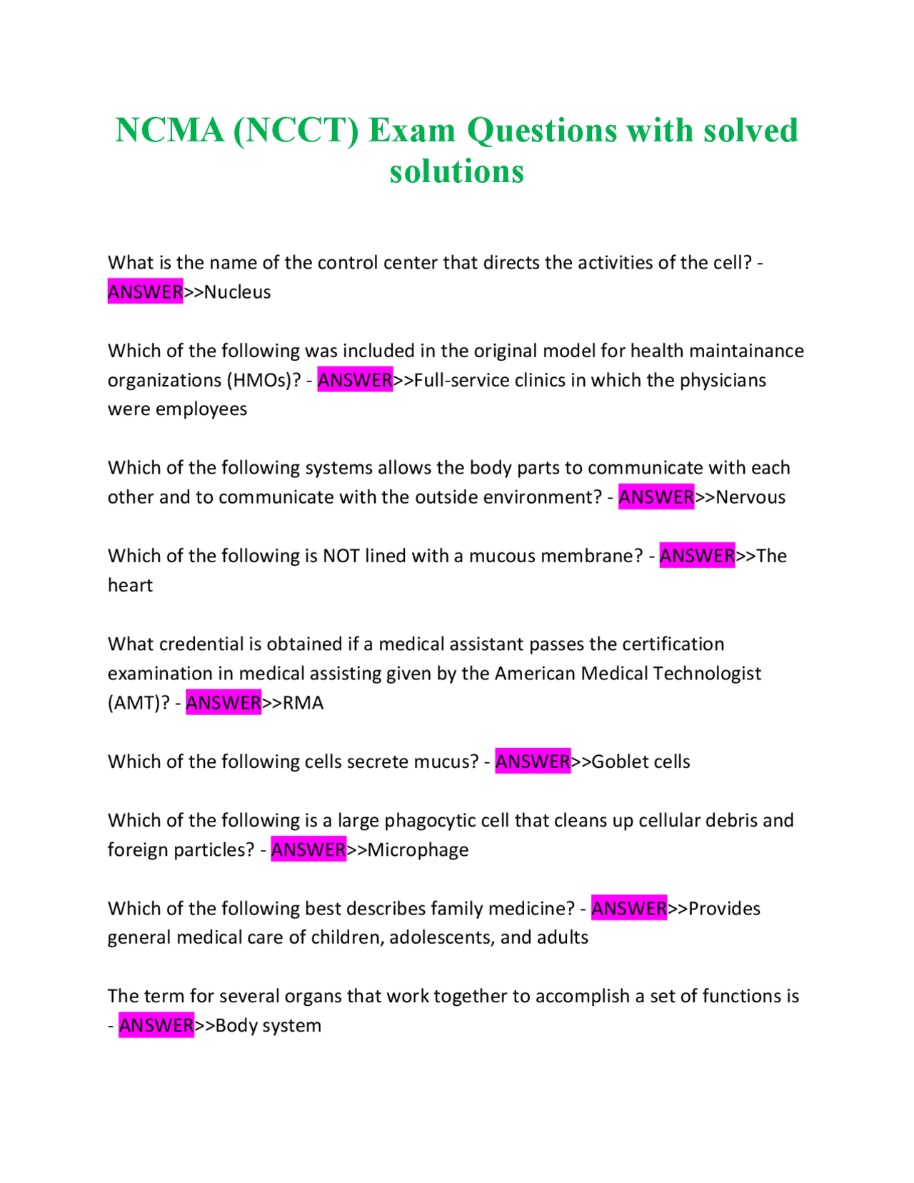 NCMA (NCCT) Exam Questions with Solved Solutions: A Study Guide for ...