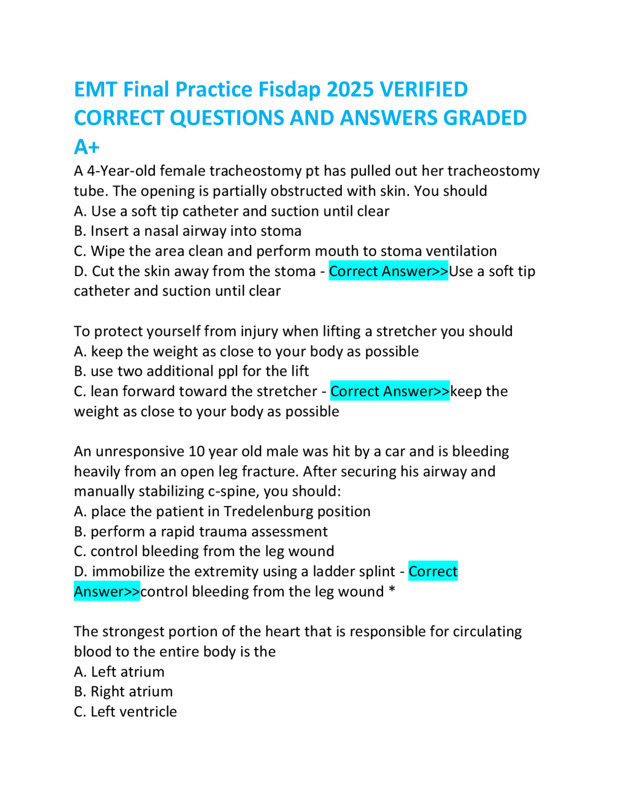 EMT Final Practice Fisdap 2025 VERIFIED CORRECT QUESTIONS AND ANSWERS GRADED A+ | Exams Nursing ...
