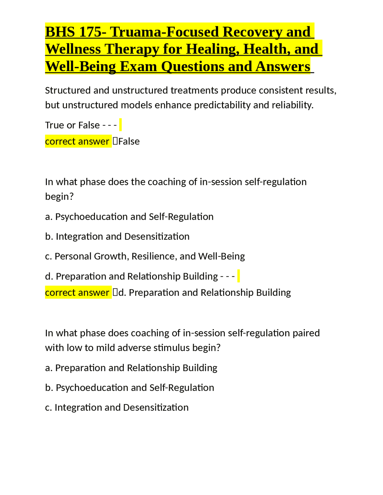 BHS 175 Exam Questions and Answers: Trauma-Focused Recovery and ...
