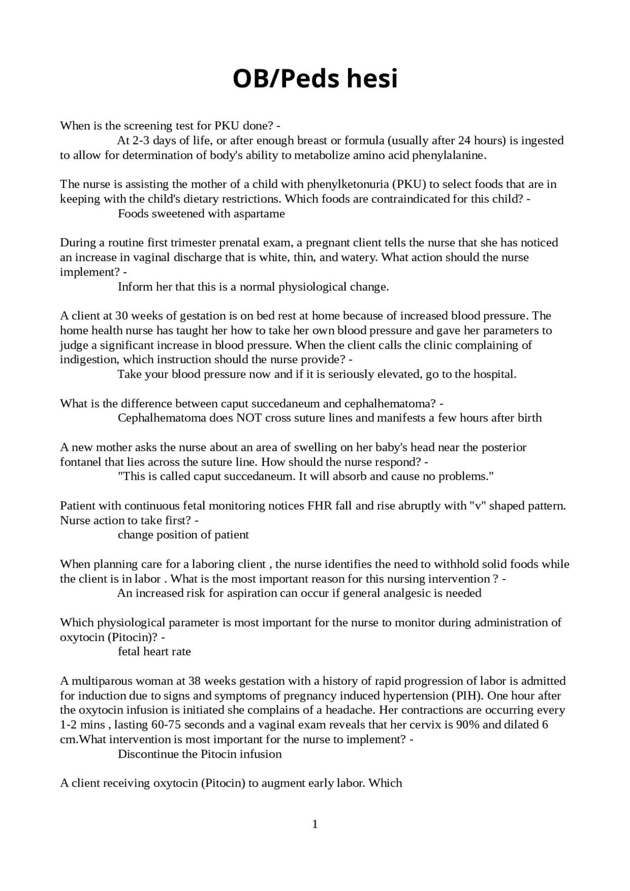 OB Peds hesi. OB Peds hesi. | Exams Nursing | Docsity