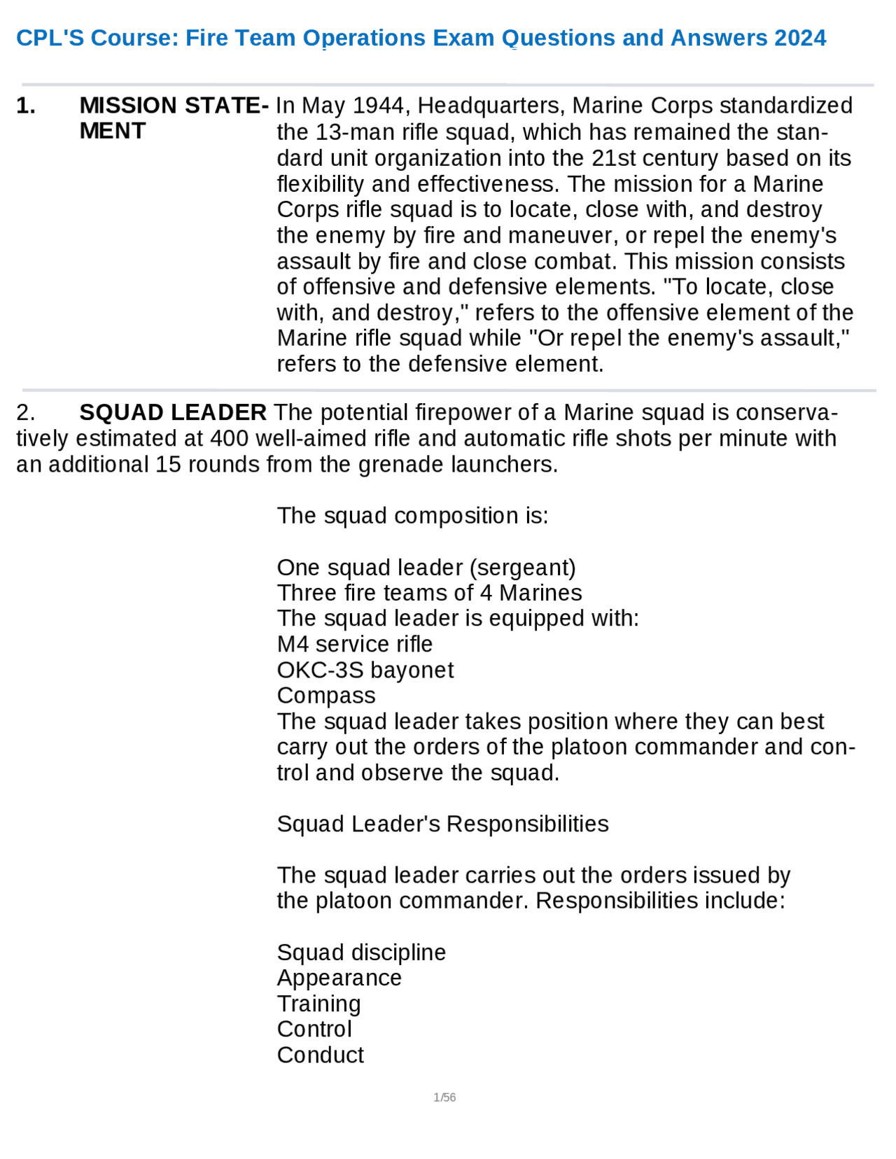 CPL'S Course Fire Team Operations Exam Questions and Answers 2024 ...