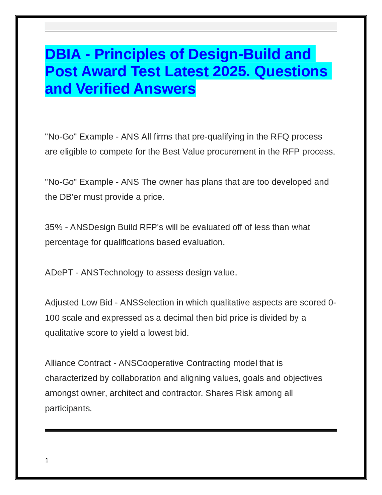 DBIA - Principles of Design-Build and Post Award Test Latest 2025 ...