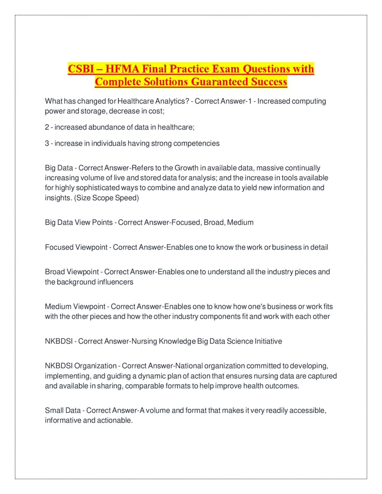 CSBI – HFMA Final Practice Exam Questions with Complete Solutions ...