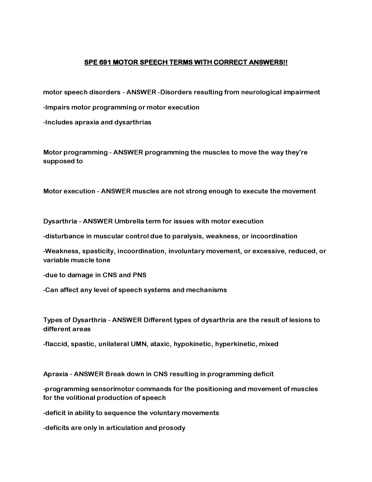 Motor Speech Disorders: Terms and Definitions with Answers | Exams ...