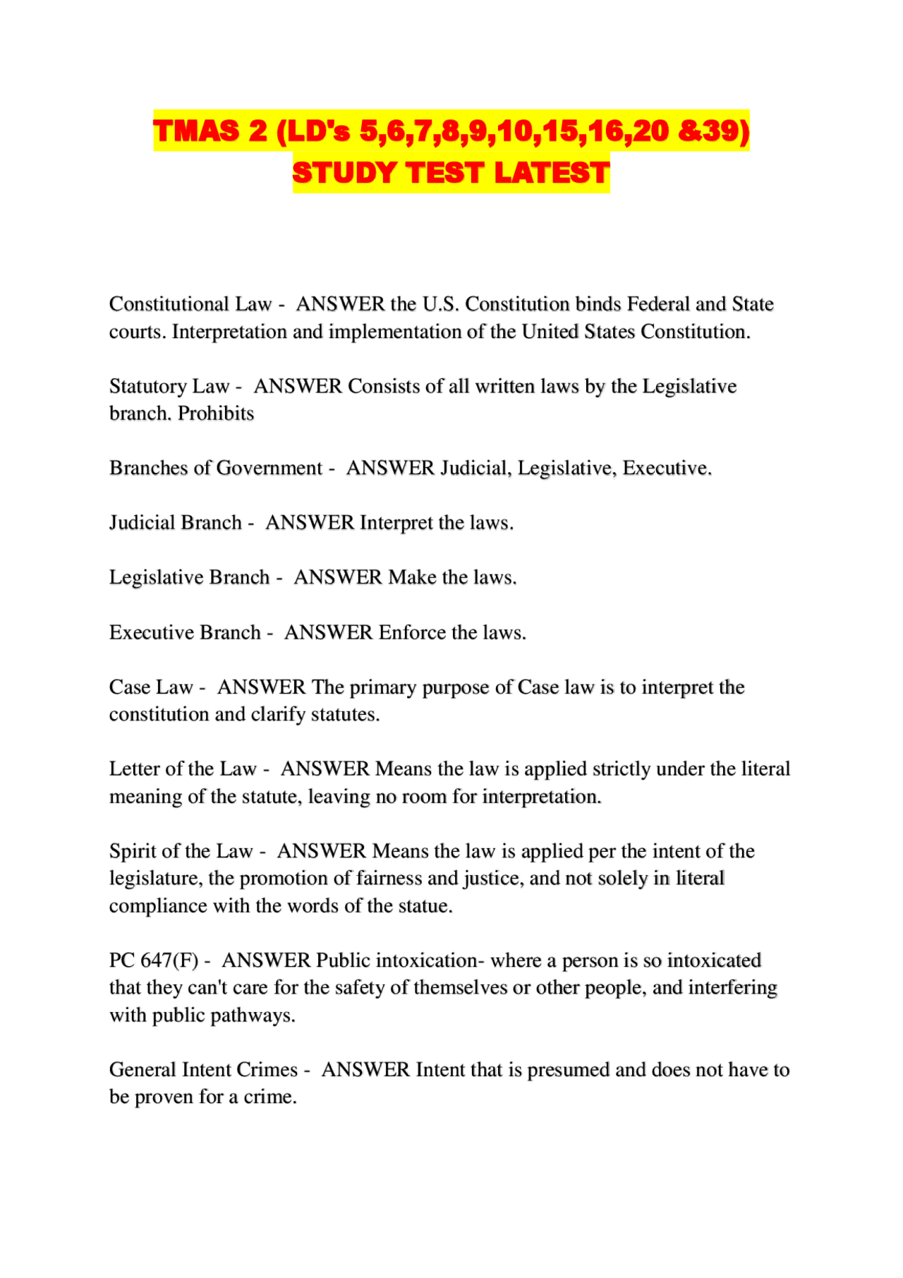 TMAS 2 (LD's 5,6,7,8,9,10,15,16,20 &39) STUDY TEST LATEST | Exams Law ...