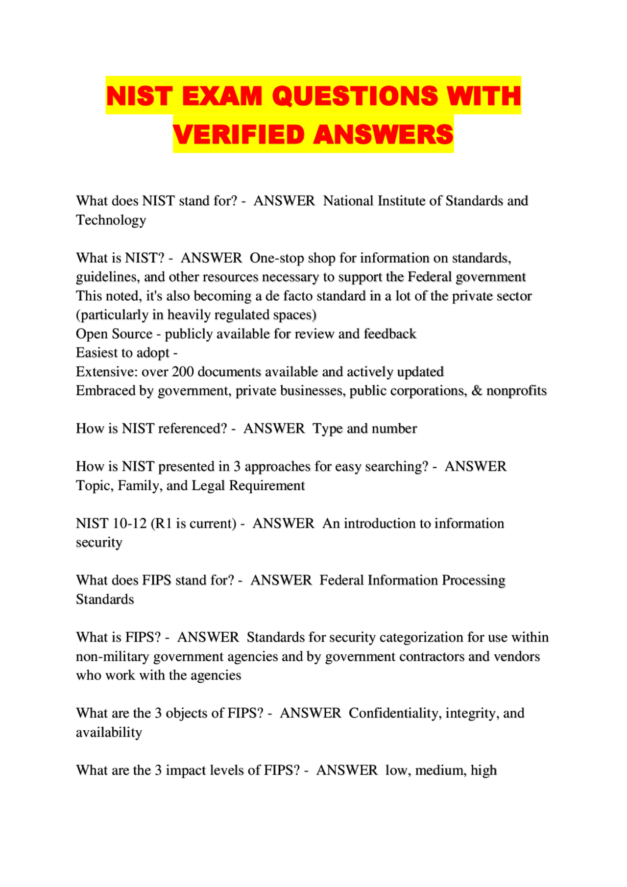 NIST EXAM QUESTIONS WITH VERIFIED ANSWERS | Exams Information Systems ...