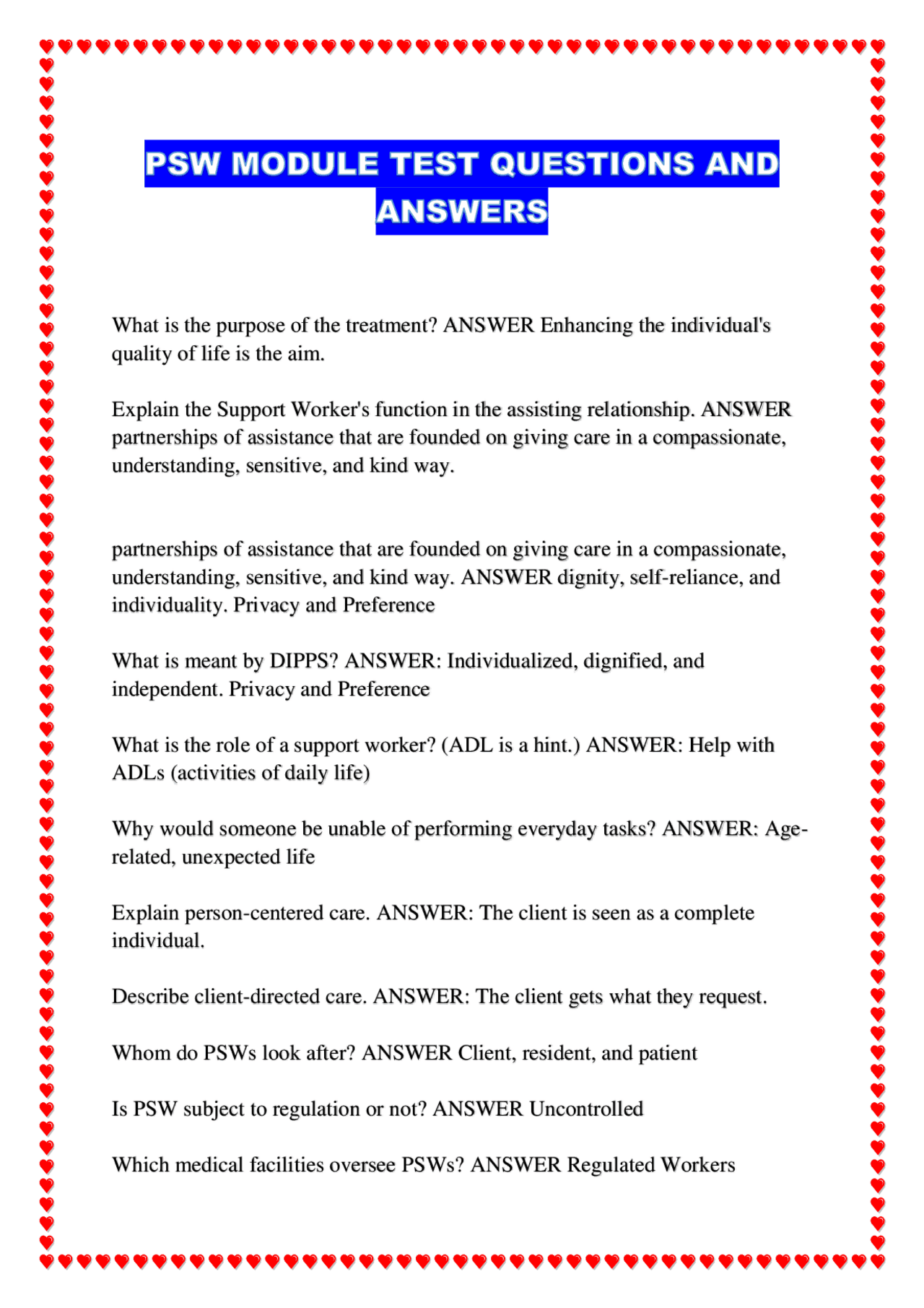 PSW MODULE TEST QUESTIONS AND ANSWERS | Exams Nursing | Docsity