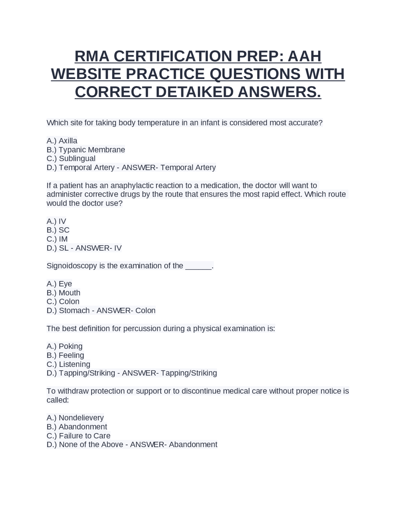 RMA CERTIFICATION PREP AAH WEBSITE PRACTICE QUESTIONS WITH CORRECT ...