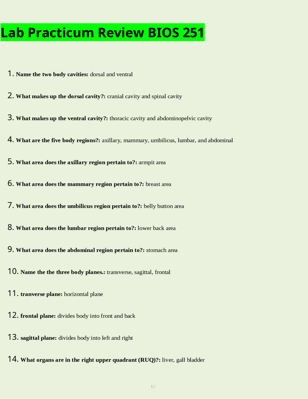 Human Anatomy and Physiology: Lab Practicum Review BIOS 251 | Exams Biology | Docsity