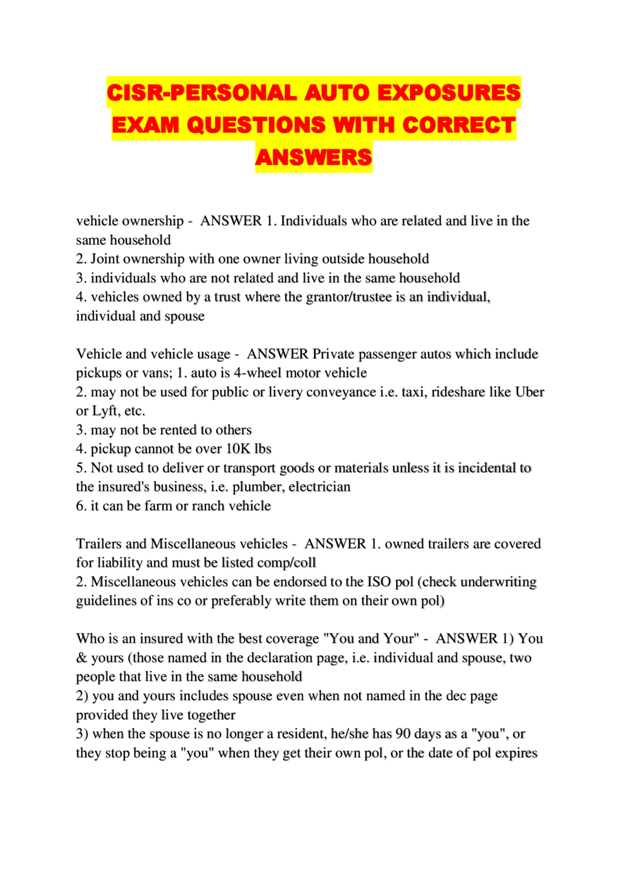 CISR-PERSONAL AUTO EXPOSURES EXAM QUESTIONS WITH CORRECT ANSWERS ...
