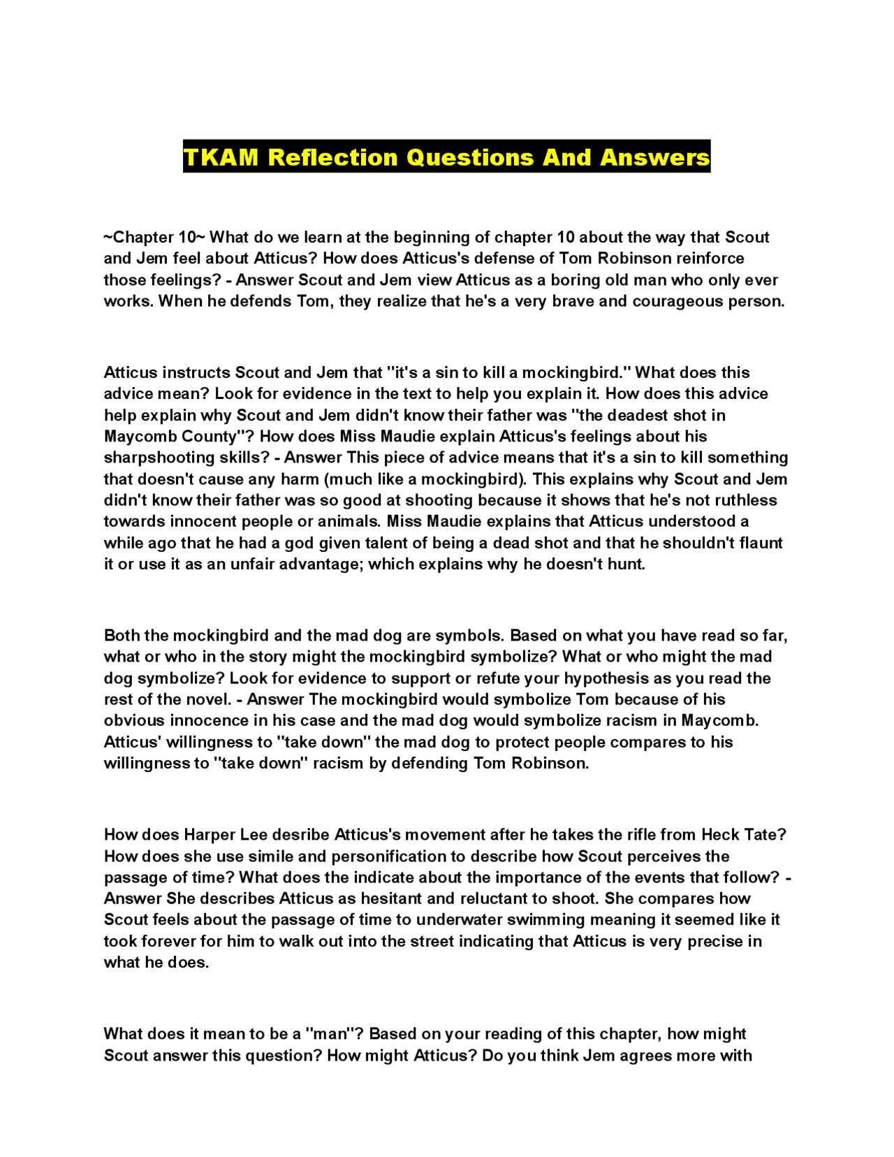 TKAM Reflection Questions And Answers | Exams Advanced Education | Docsity