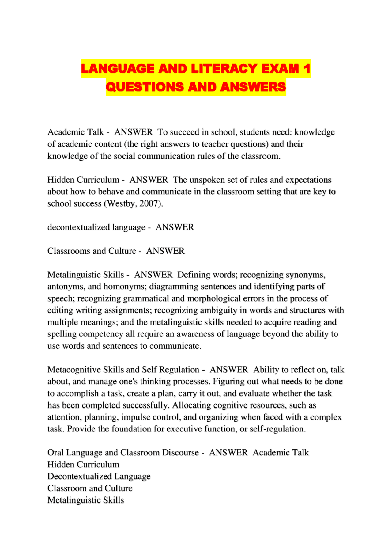 LANGUAGE AND LITERACY EXAM 1 QUESTIONS AND ANSWERS | Exams Teaching method | Docsity