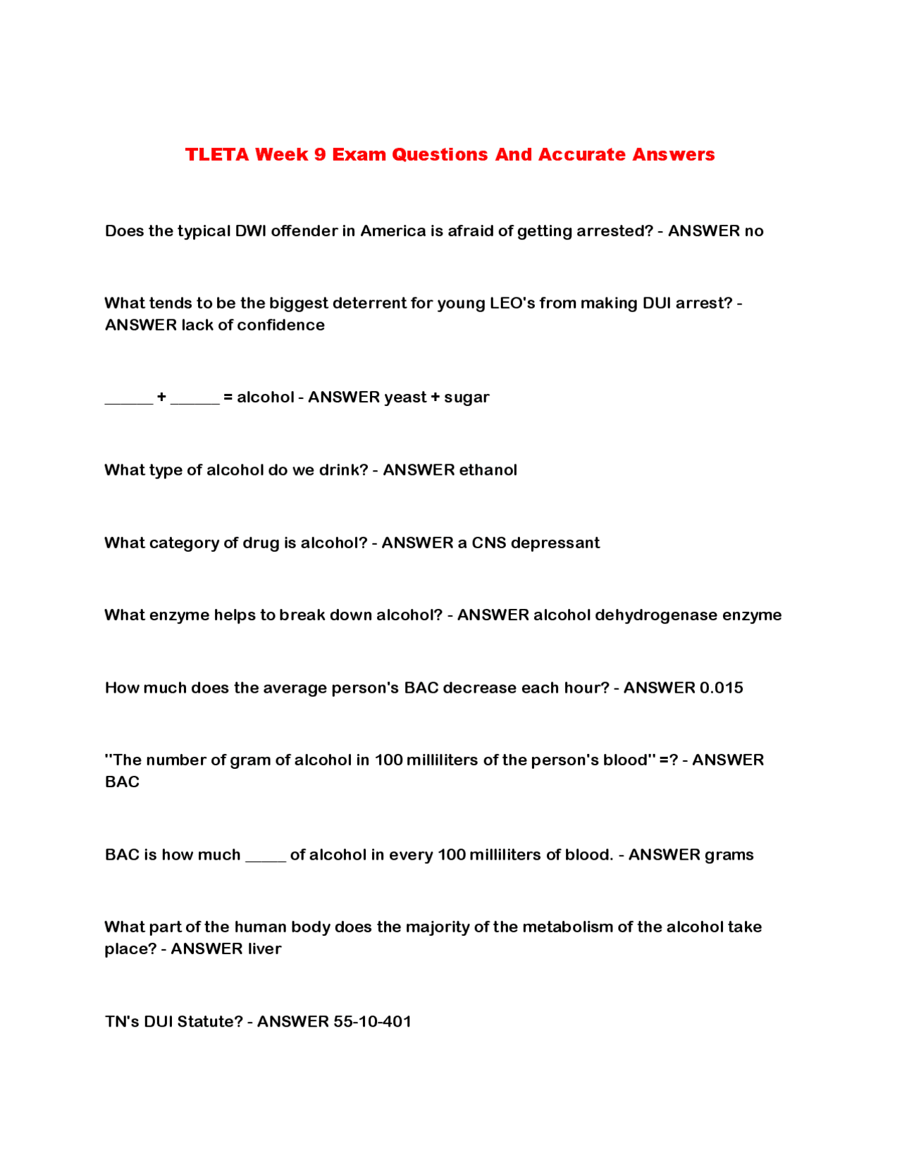TLETA Week 9 Exam: DUI Detection & Field Sobriety Tests | Exams ...