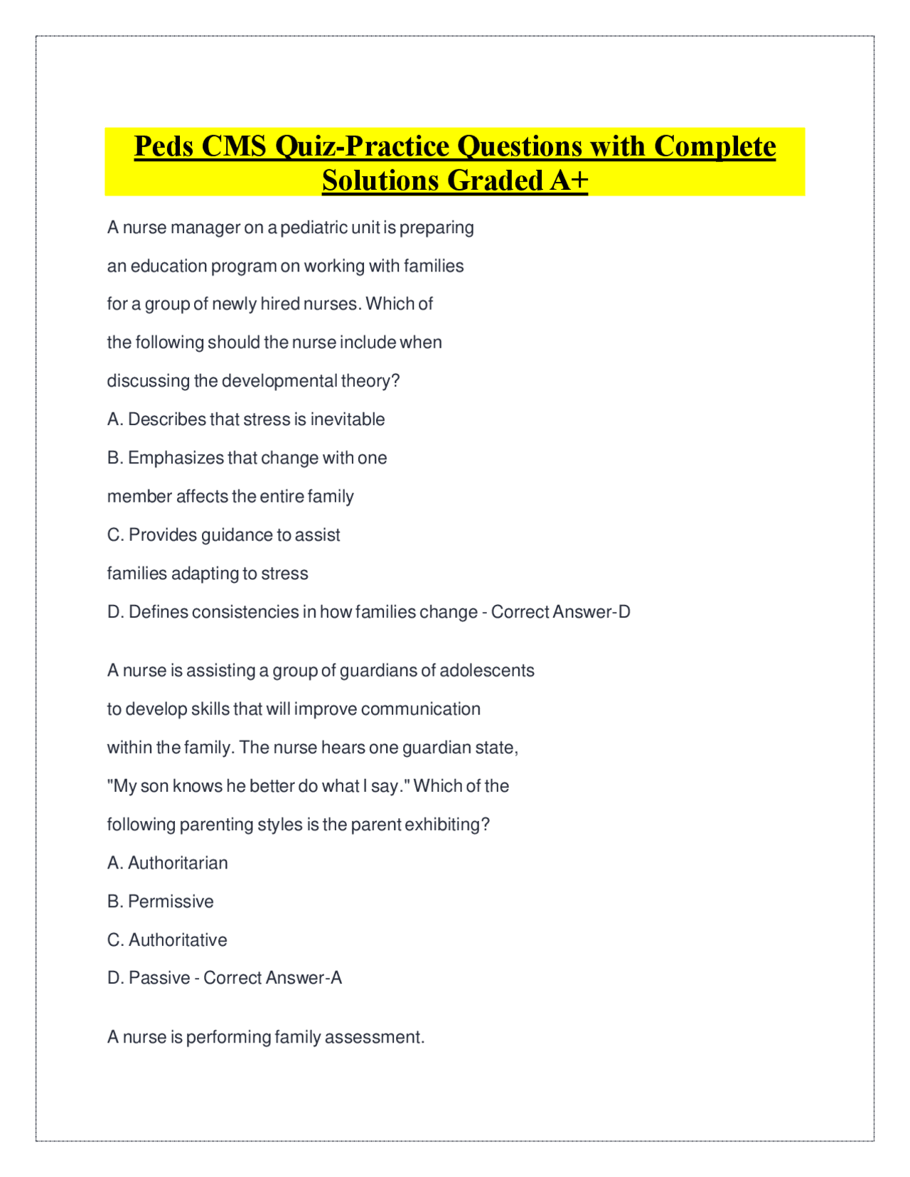 Peds CMS Quiz-Practice Questions with Complete Solutions Graded A+ ...