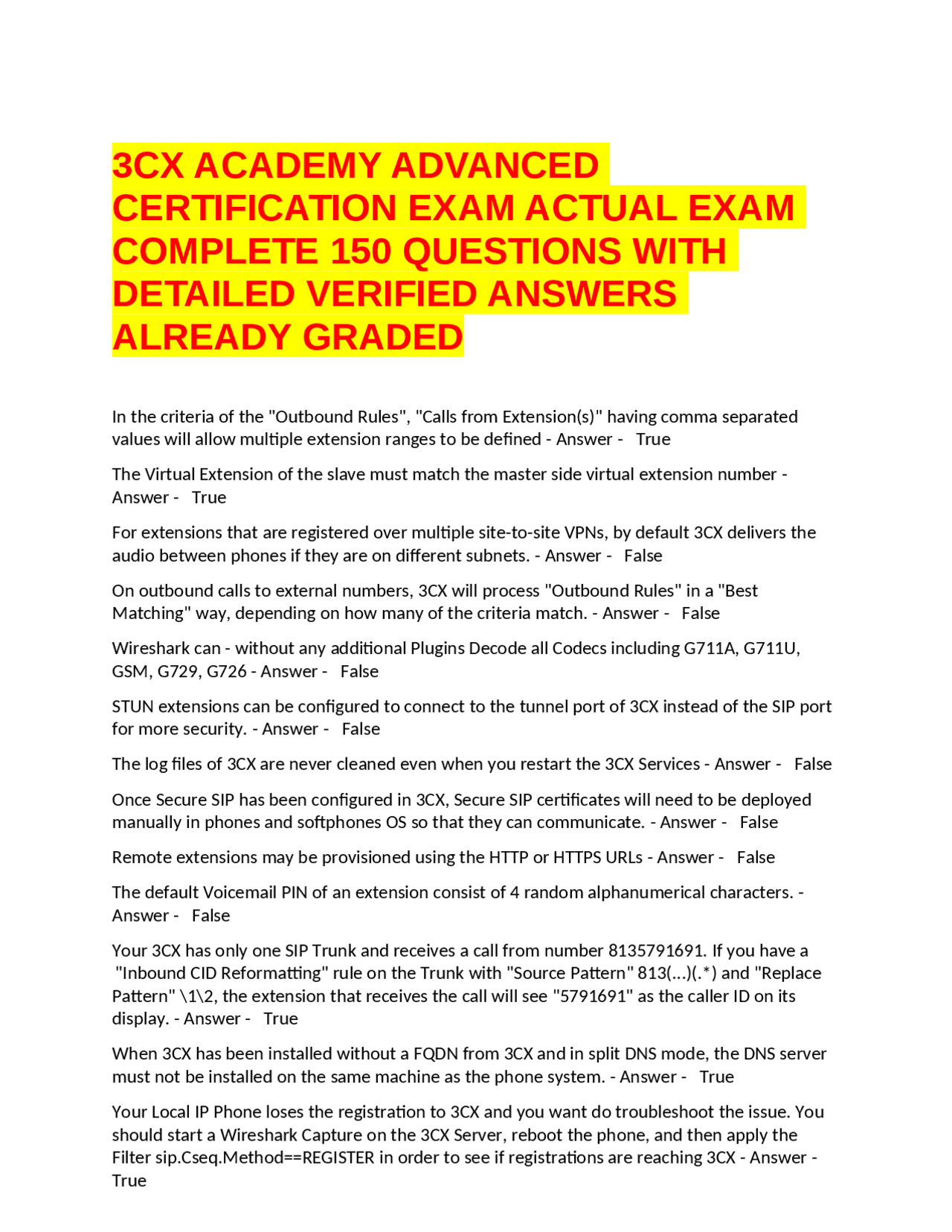 3CX ACADEMY ADVANCED CERTIFICATION EXAM ACTUAL EXAM COMPLETE 150 ...