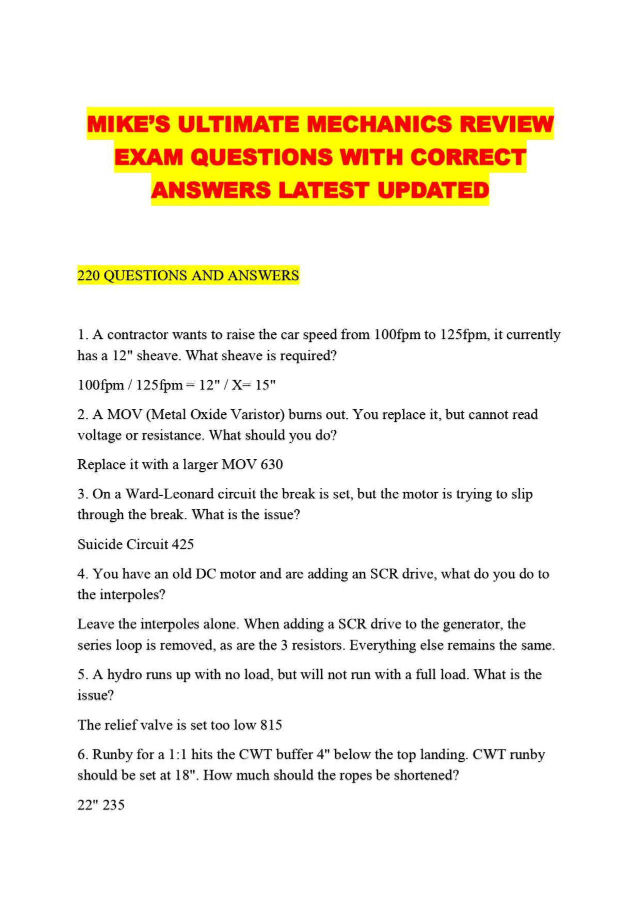 MIKE’S ULTIMATE MECHANICS REVIEW EXAM QUESTIONS WITH CORRECT ANSWERS ...