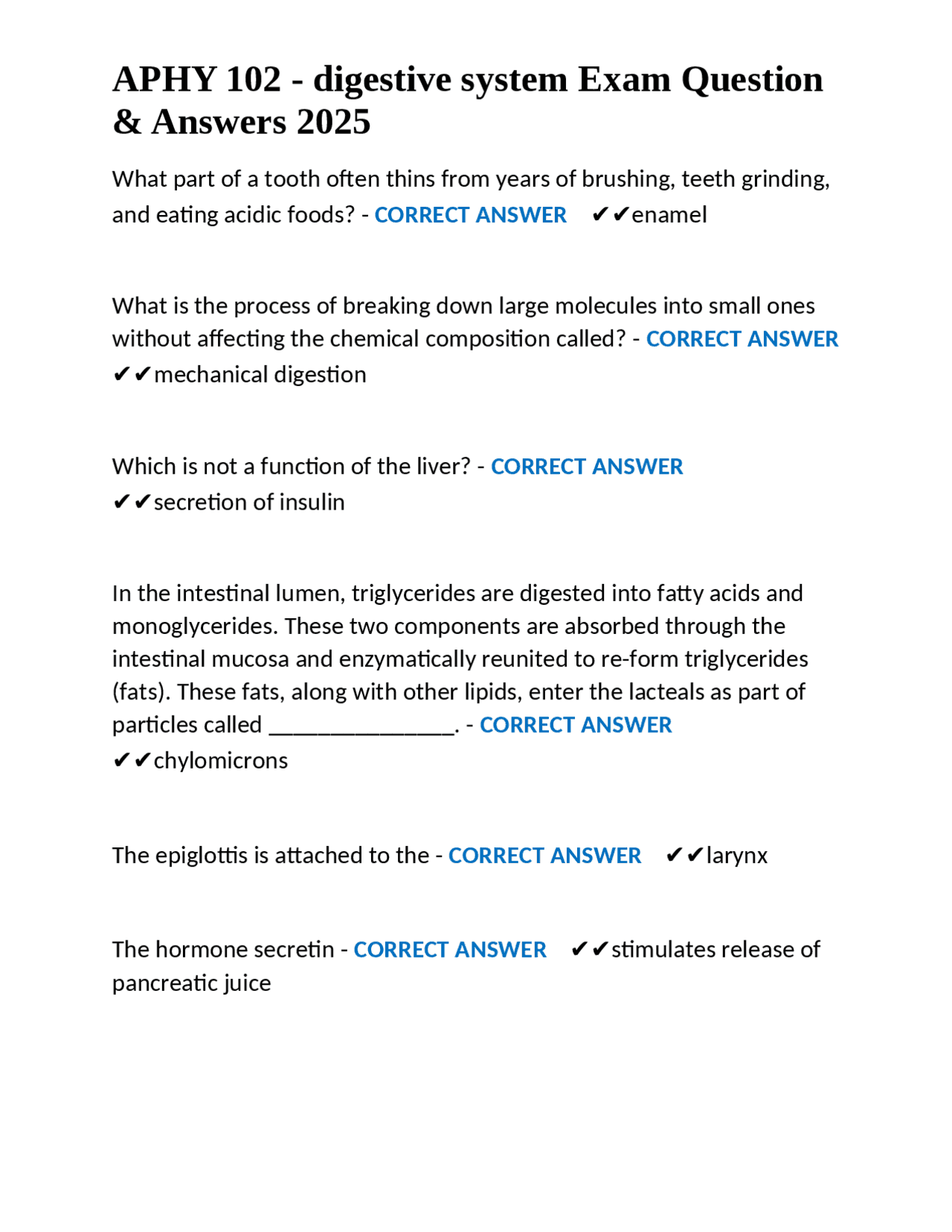 APHY 102 Digestive System Exam Questions and Answers | Exams Nursing ...