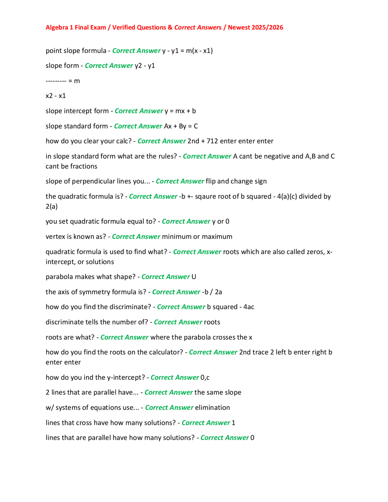 Algebra 1 Final Exam / Verified Questions & Correct Answers / Newest ...