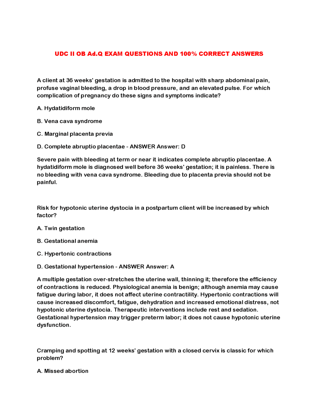 UDC II OB Ad.Q EXAM QUESTIONS AND 100% CORRECT ANSWERS | Exams Advanced Education | Docsity