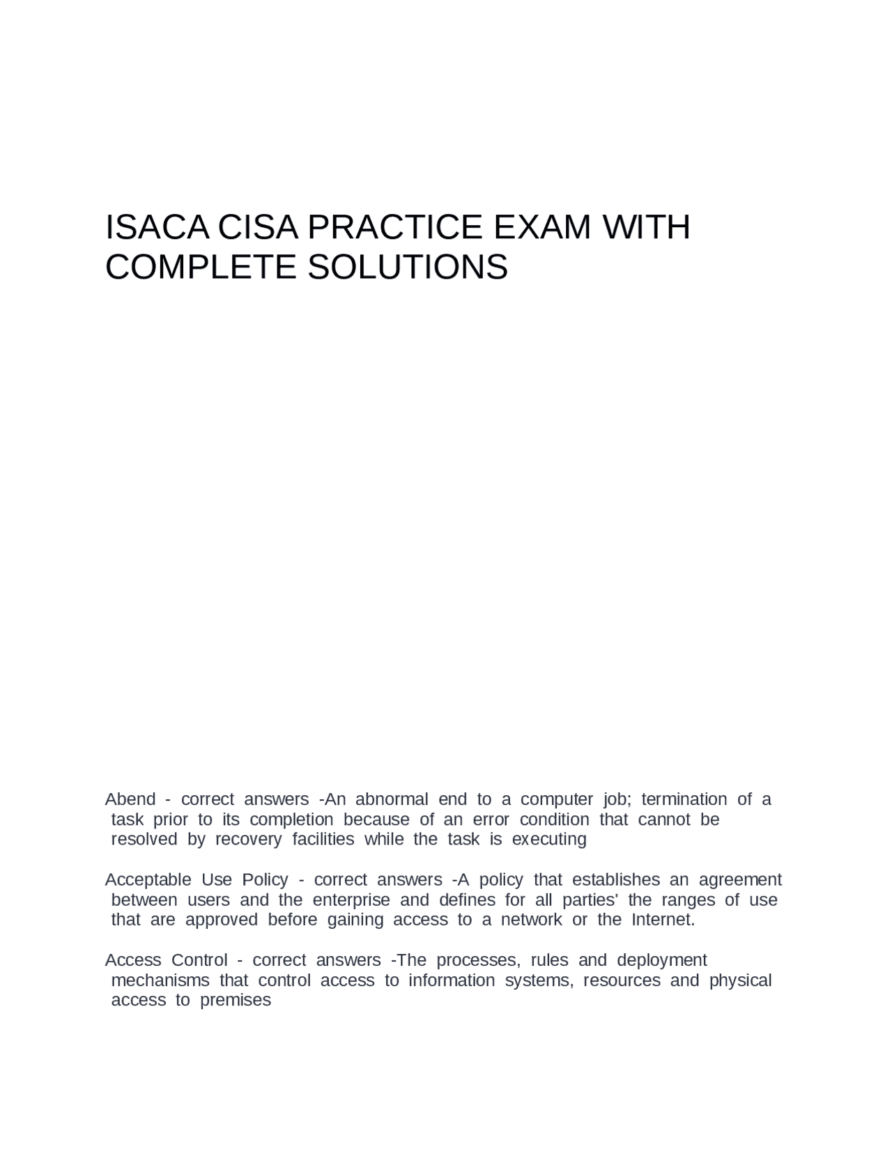 ISACA CISA Practice Exam with Complete Solutions | Exams Advanced ...