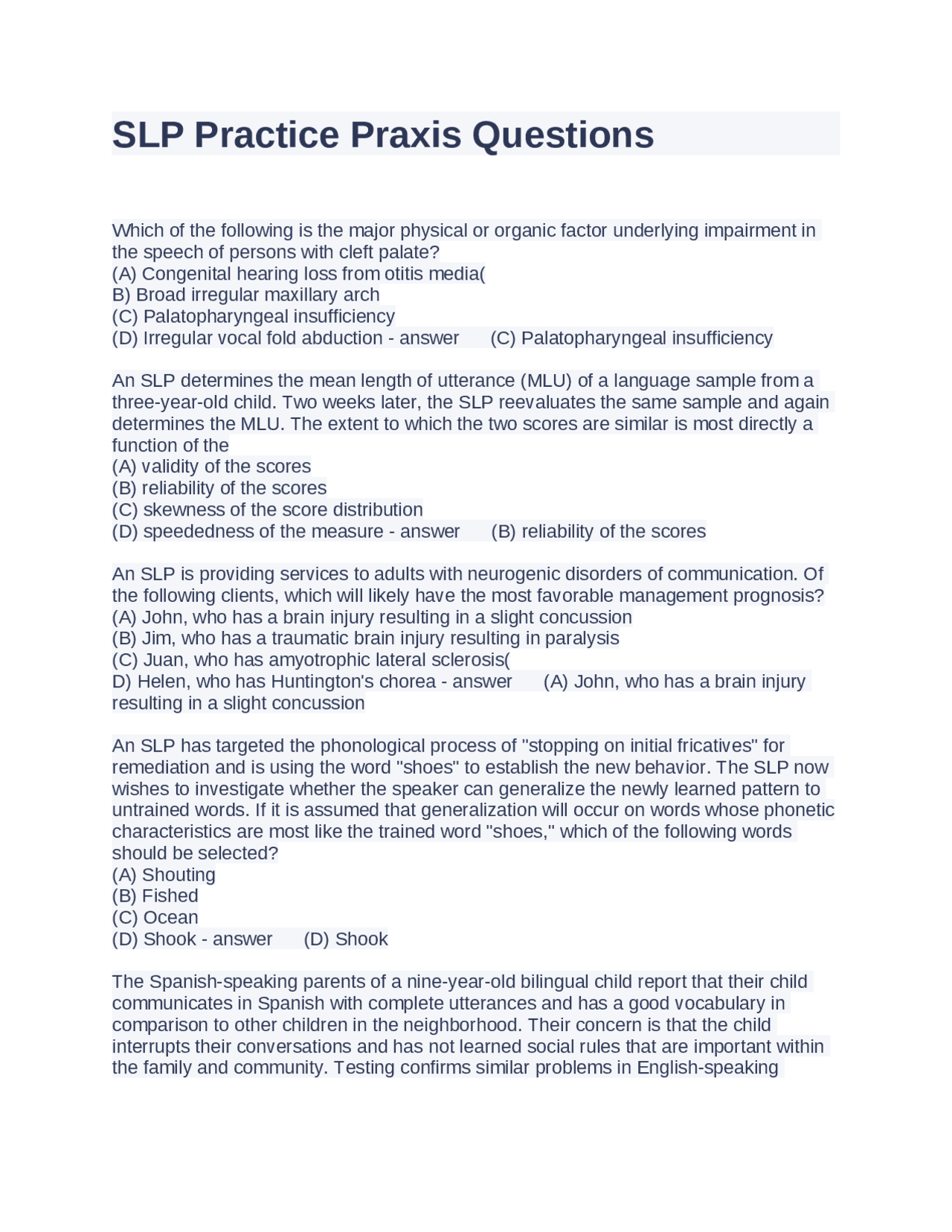 SLP Practice Praxis Questions with Correct Answers | Exams Advanced ...