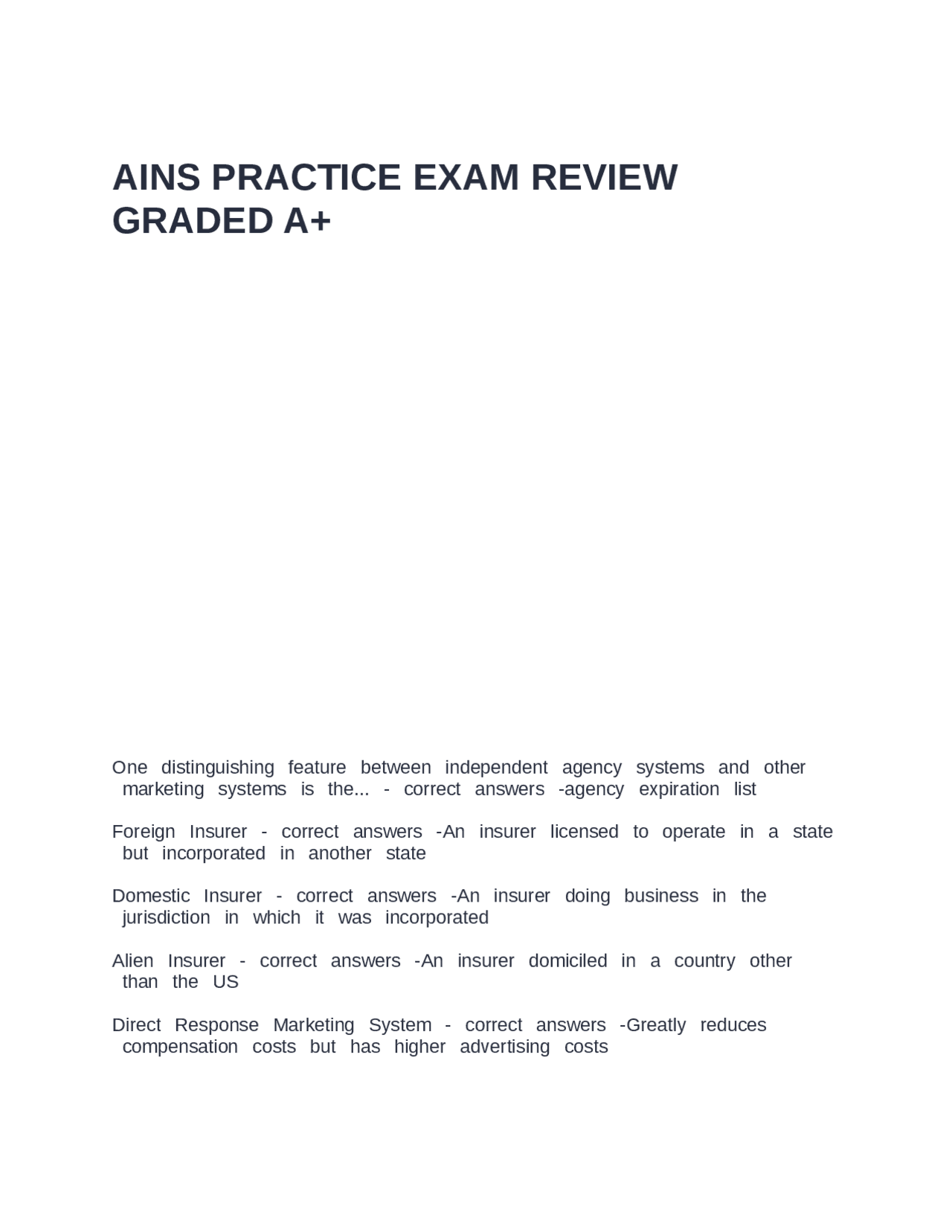 Insurance Practice Exam Review: AINS | Exams Advanced Education | Docsity