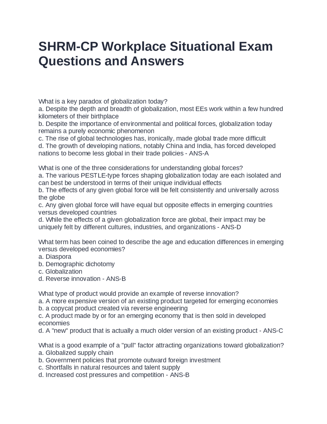 SHRM-CP Workplace Situational Exam Questions and Answers: A Guide to ...