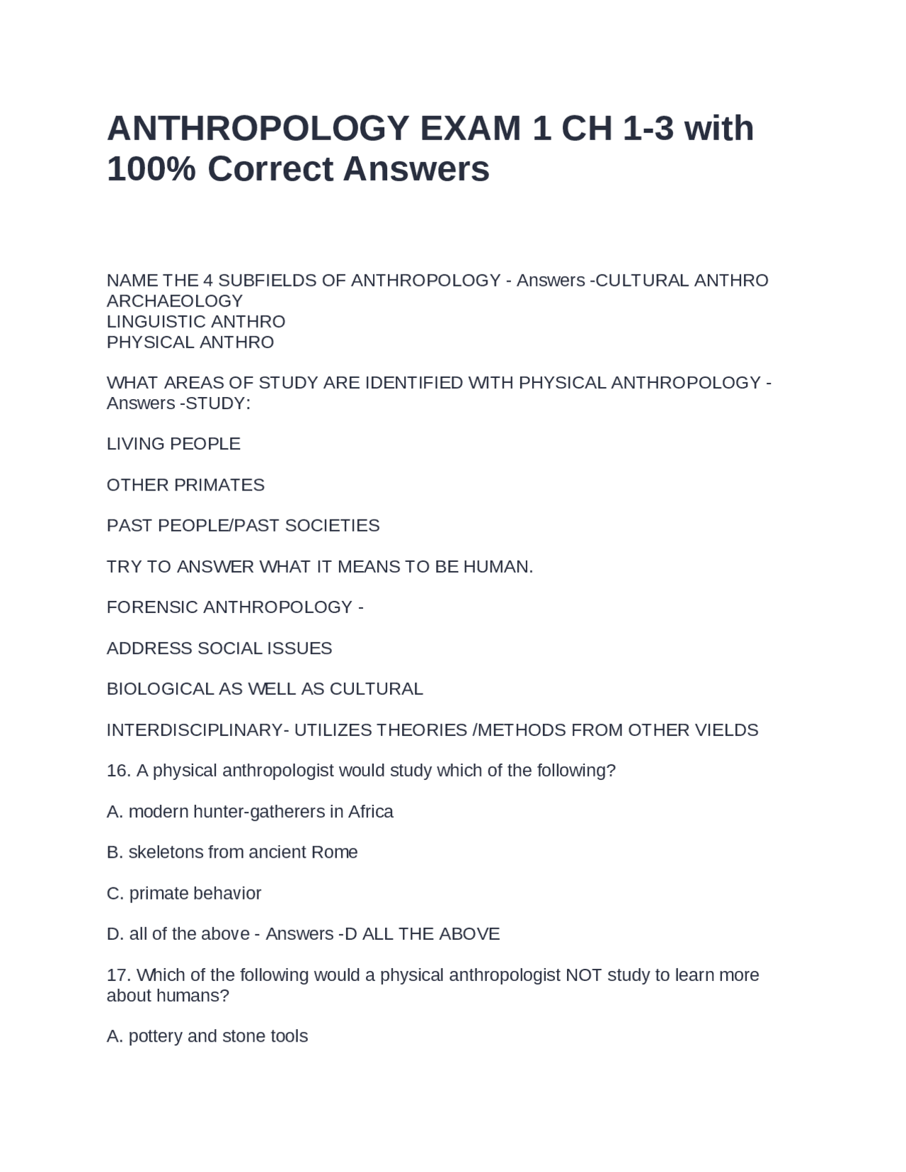 Anthropology Exam 1: Chapters 1-3 - Multiple Choice and True/False ...