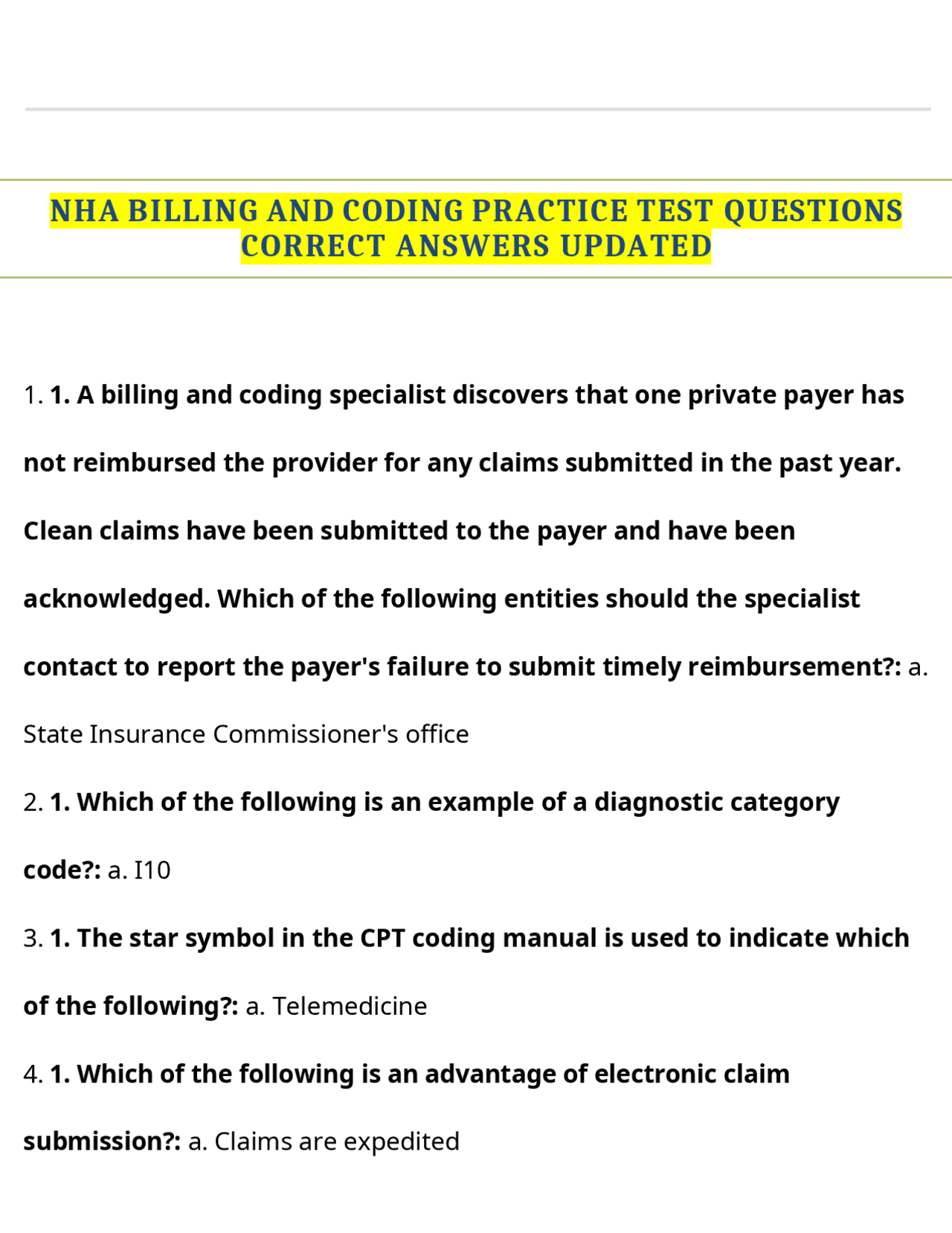 NHA BILLING AND CODING PRACTICE TEST QUESTIONS CORRECT ANSWERS UPDATED ...