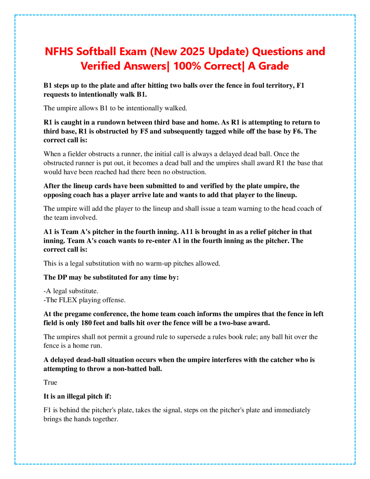 NFHS Softball Exam (New 2025 Update) Questions and Verified Answers ...