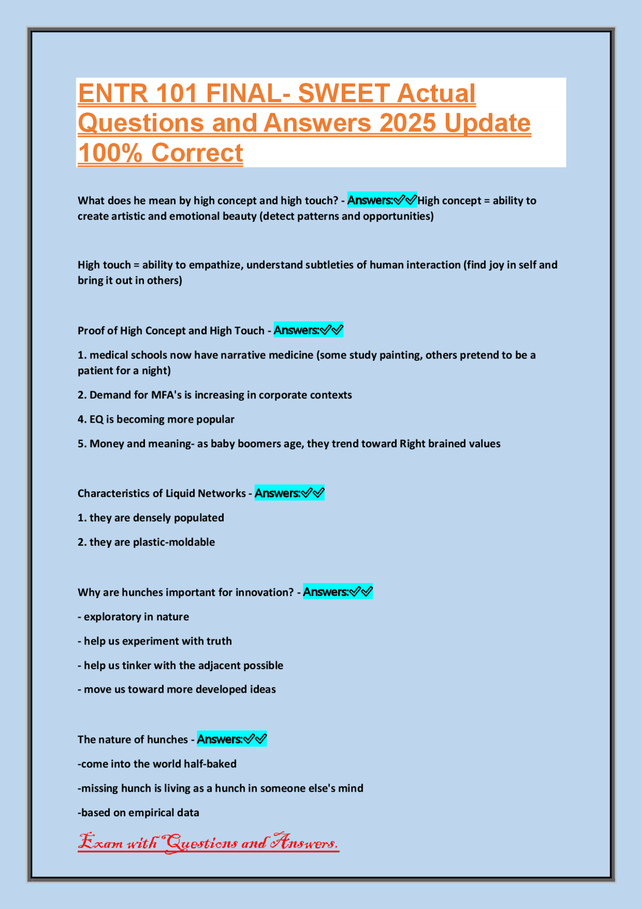 ENTR 101 FINAL- SWEET Actual Questions and Answers 2025 Update 100% Correct | Exams ...