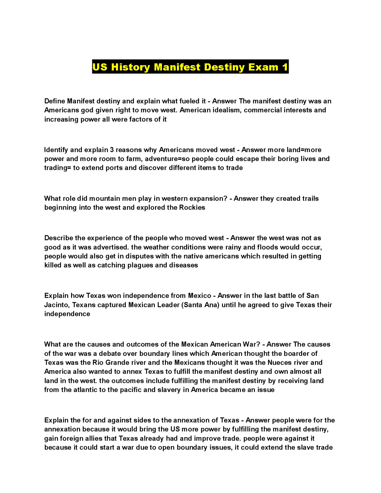 US History: Manifest Destiny Exam 1 - Questions and Answers | Exams ...