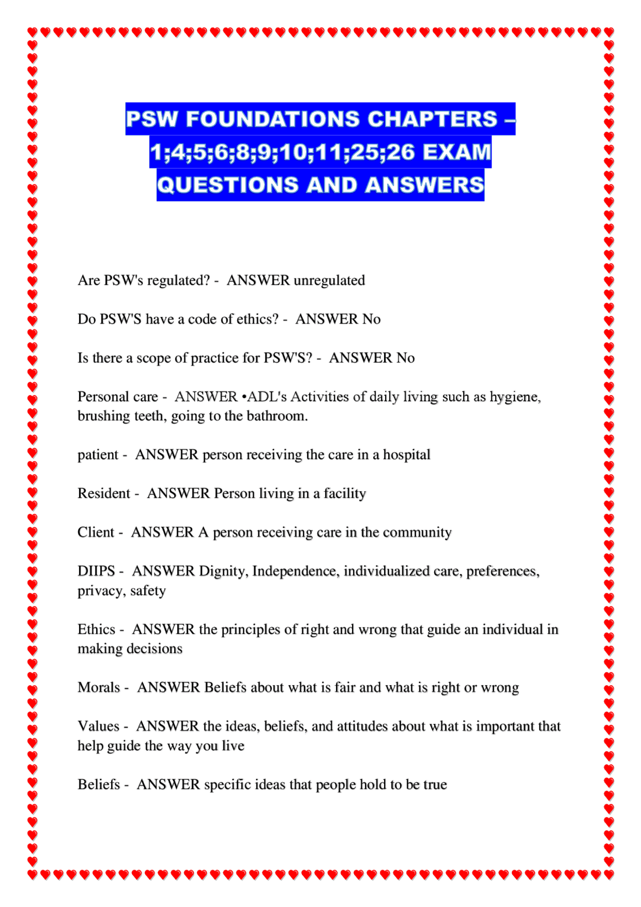 PSW FOUNDATIONS CHAPTERS – 1;4;5;6;8;9;10;11;25;26 EXAM QUESTIONS AND ...
