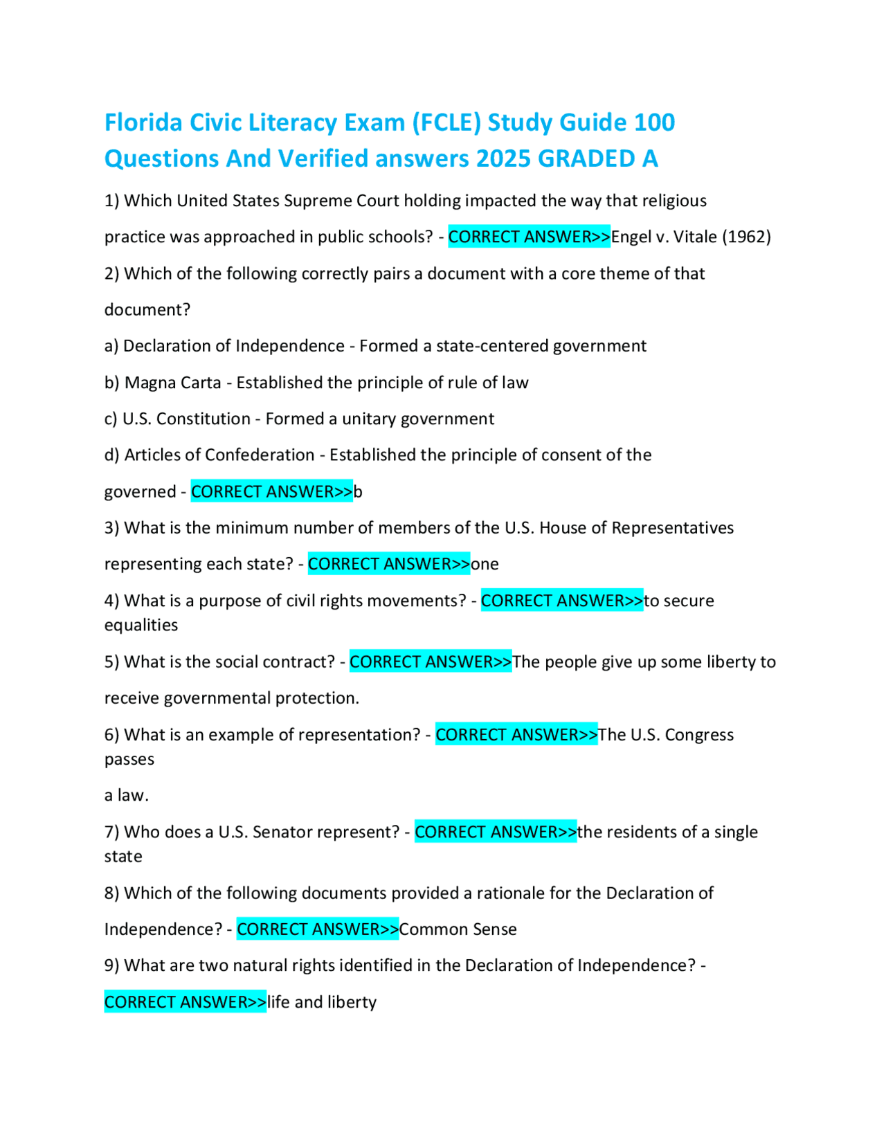 Florida Civic Literacy Exam (FCLE) Study Guide 100 Questions And ...