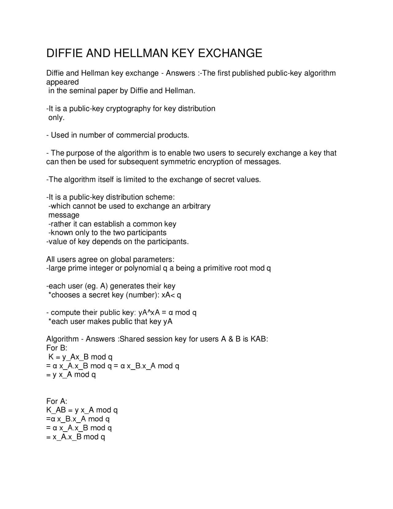 DIFFIE AND HELLMAN KEY EXCHANGE | Exams Social Sciences | Docsity