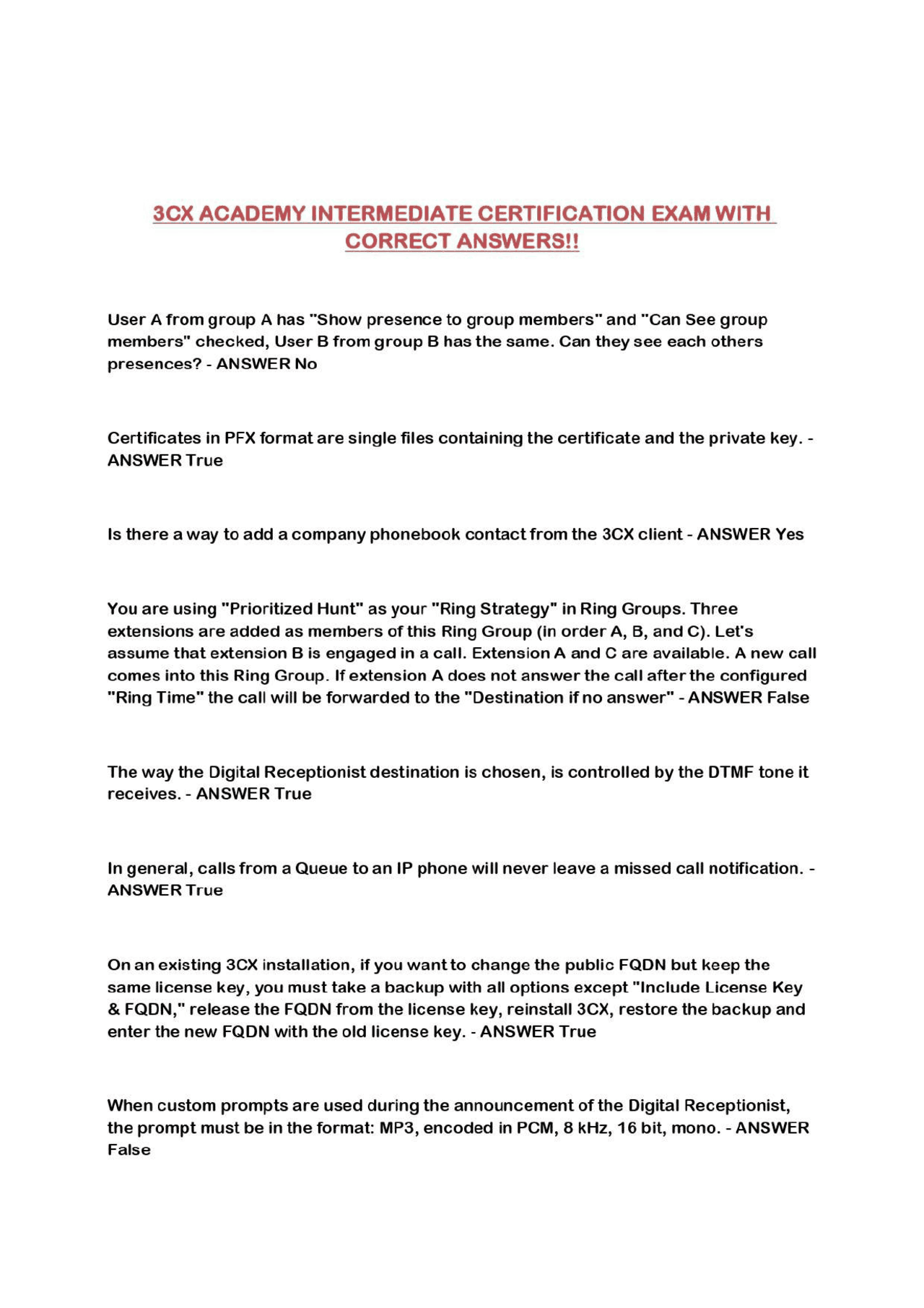 3CX ACADEMY INTERMEDIATE CERTIFICATION EXAM WITH CORRECT ANSWERS ...