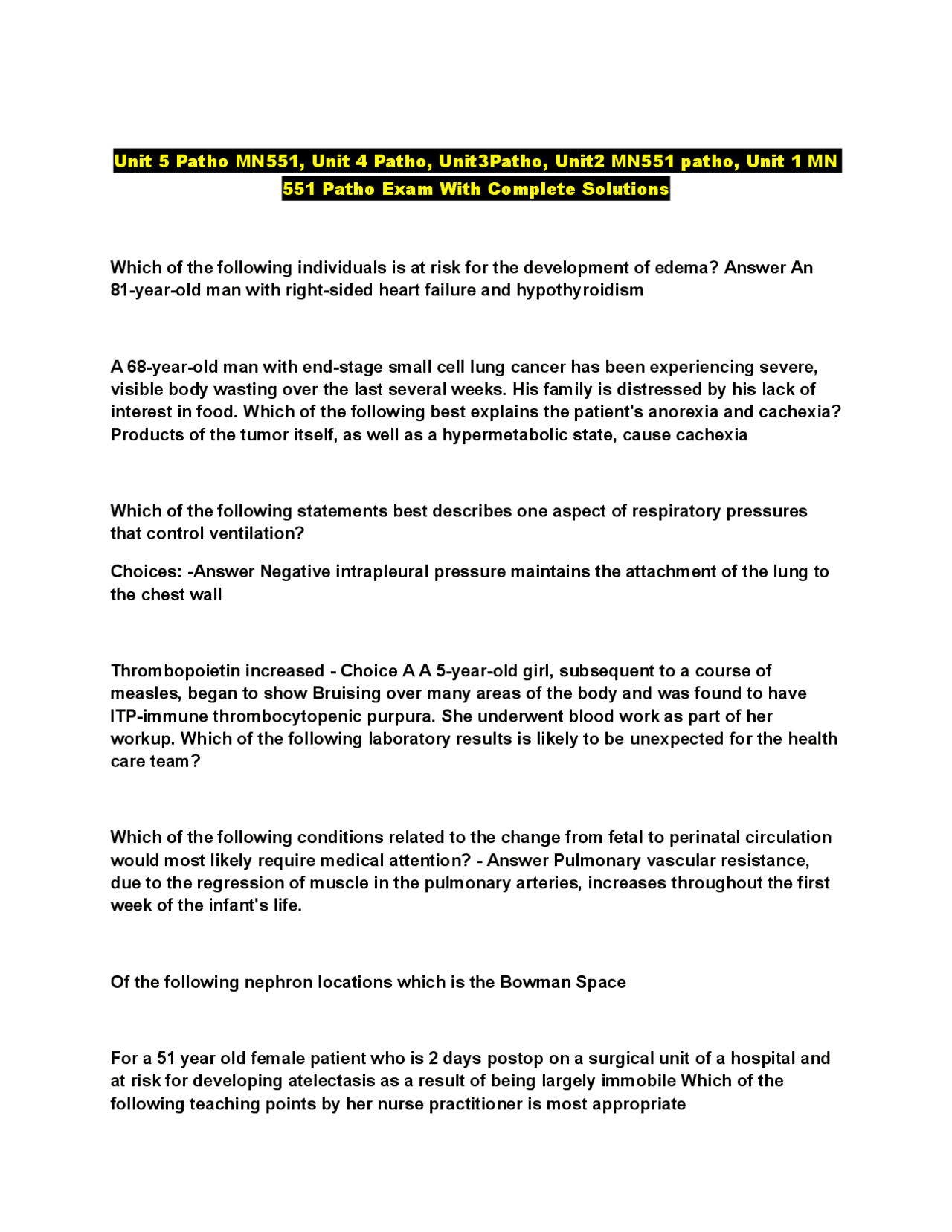 Unit 5 Patho MN551, Unit 4 Patho, Unit3Patho, Unit2 MN551 patho, Unit 1 MN 551 Patho Exam ...